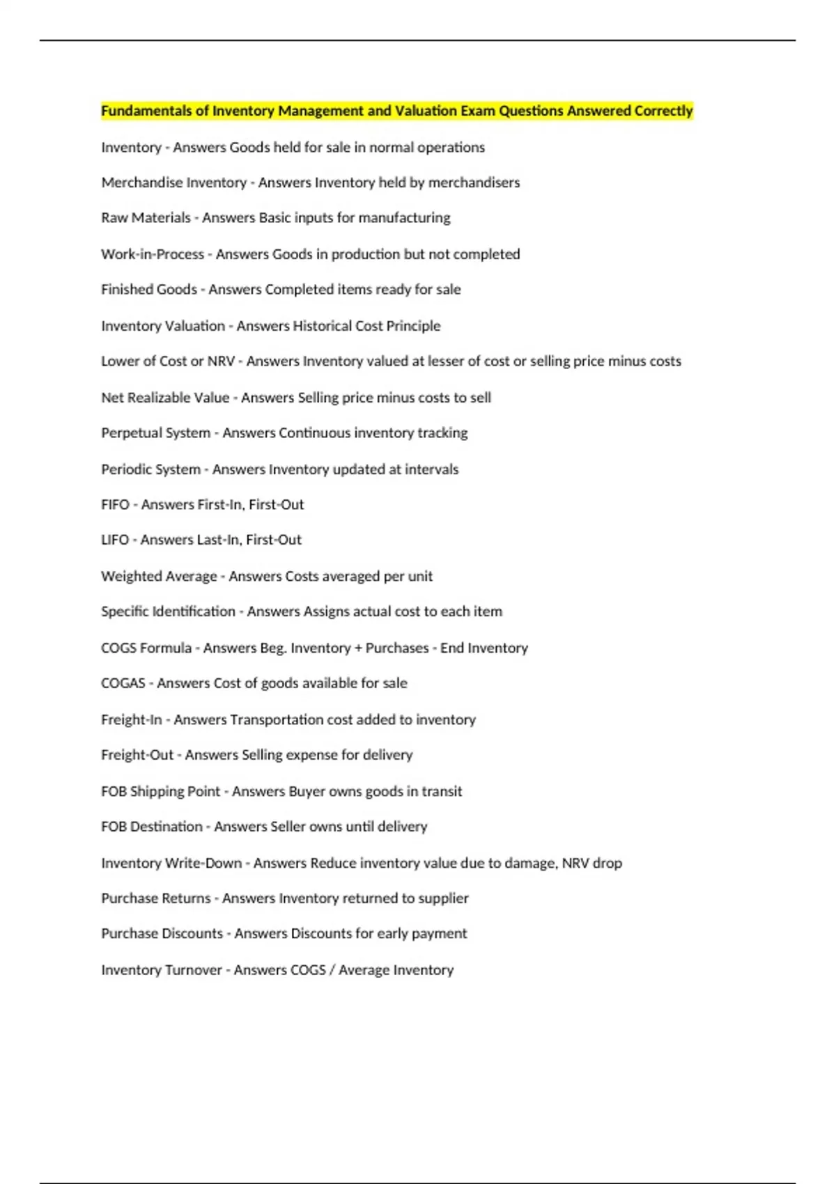 Fundamentals of Inventory Management and Valuation Exam Questions ...