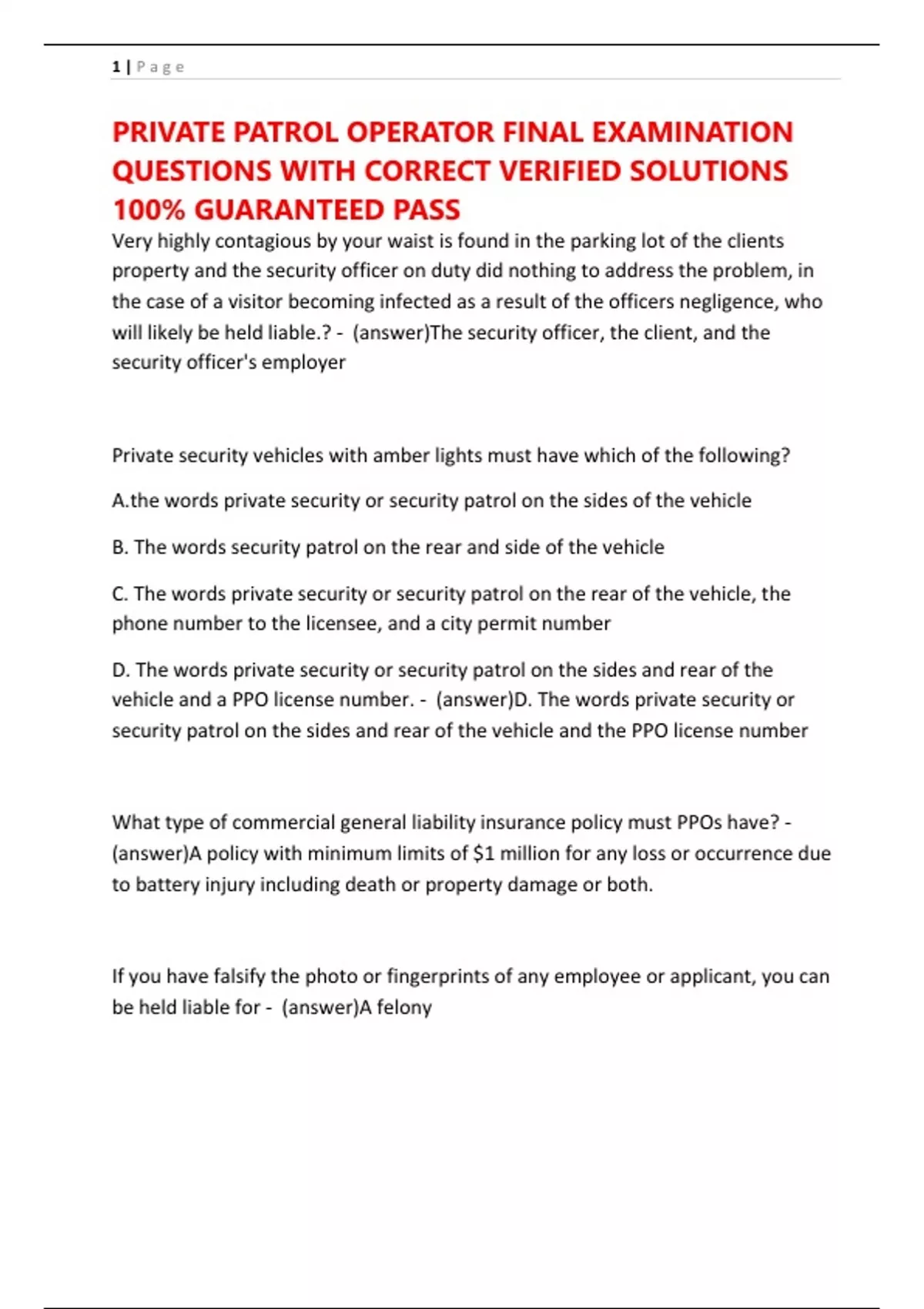 PRIVATE PATROL OPERATOR FINAL EXAMINATION QUESTIONS WITH CORRECT ...