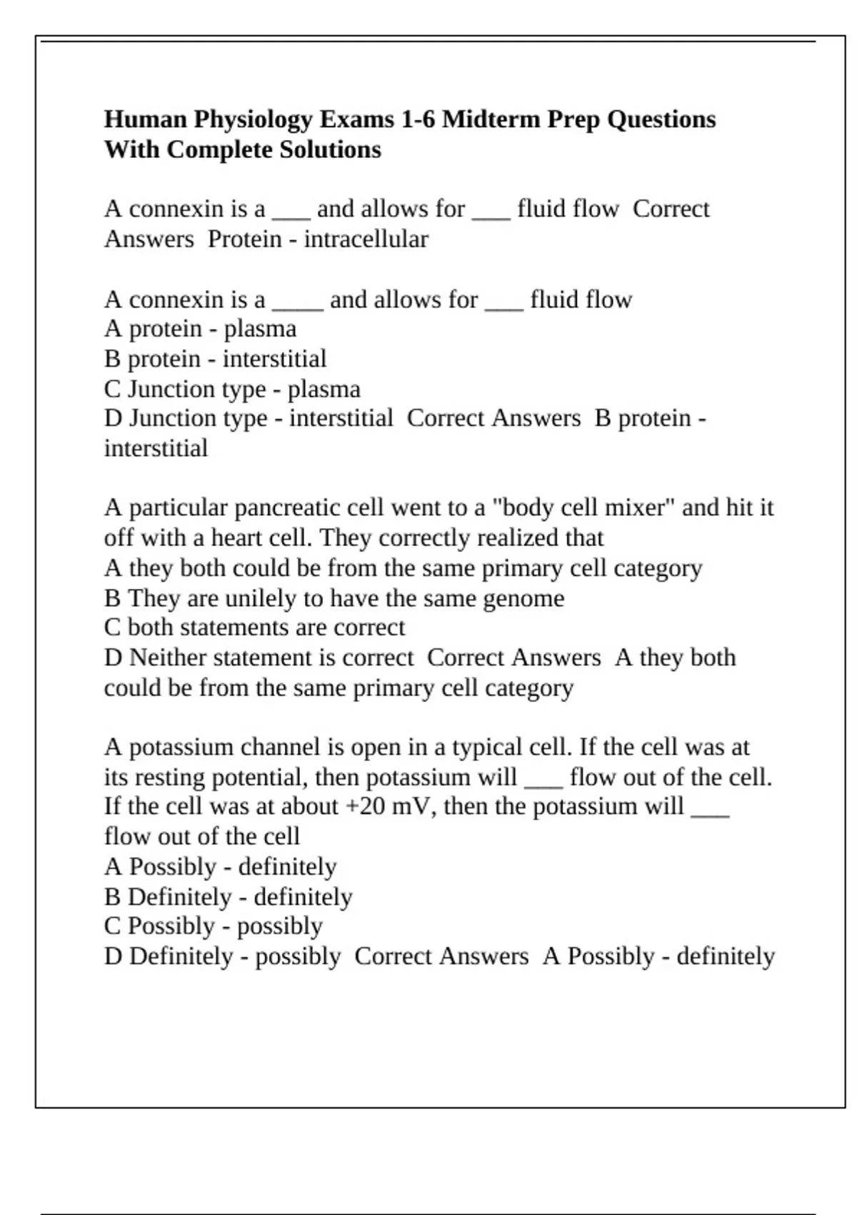 Human Physiology Exams 1-6 Midterm Prep Questions With Complete ...