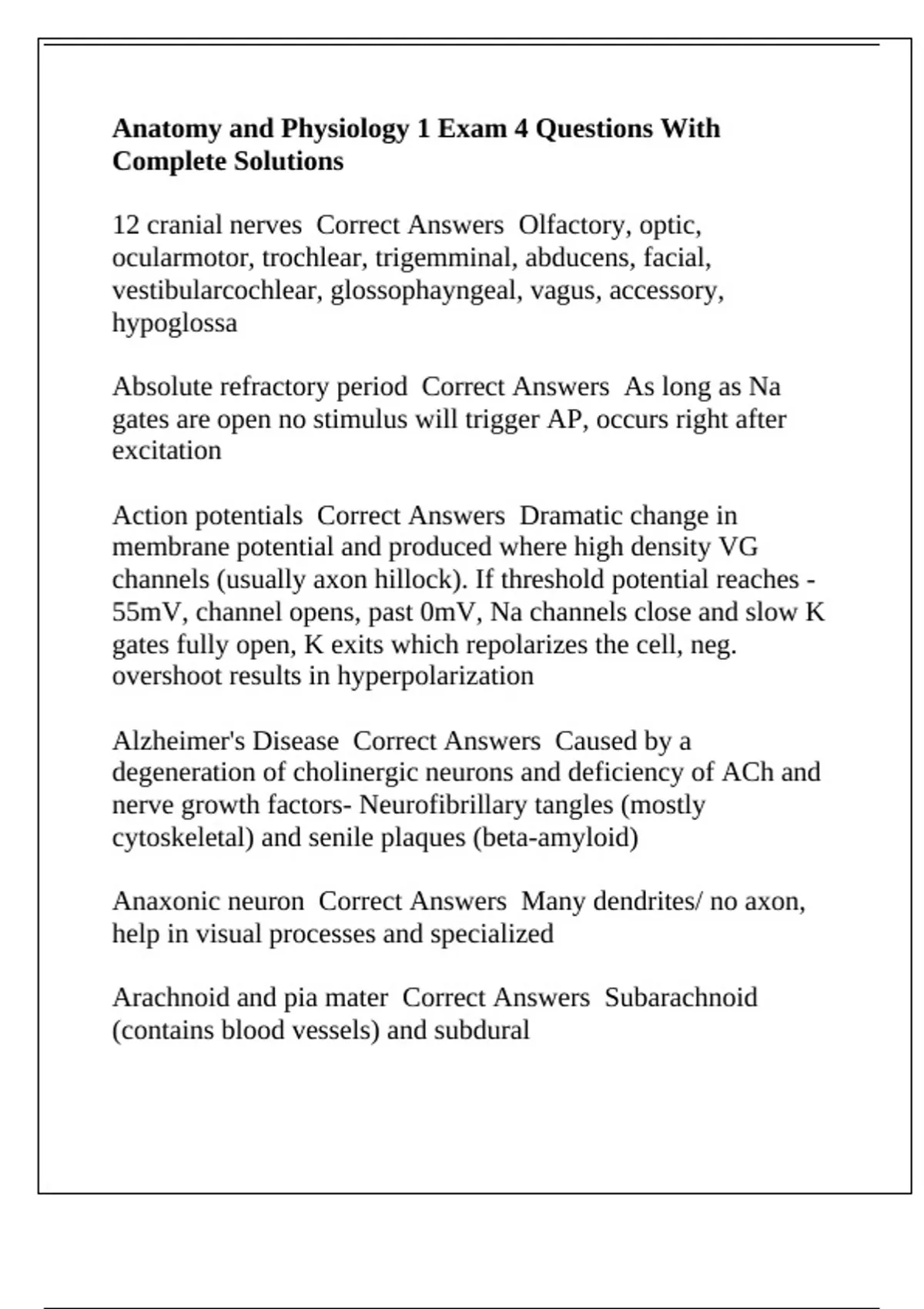 Anatomy and Physiology 1 Exam 4 Questions With Complete Solutions ...