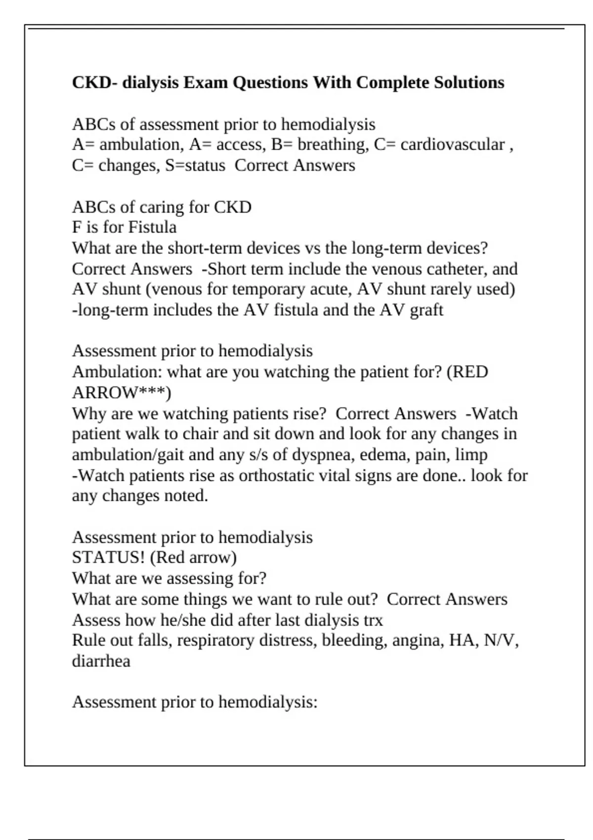 CKD- dialysis Exam Questions With Complete Solutions - CKD - Stuvia US