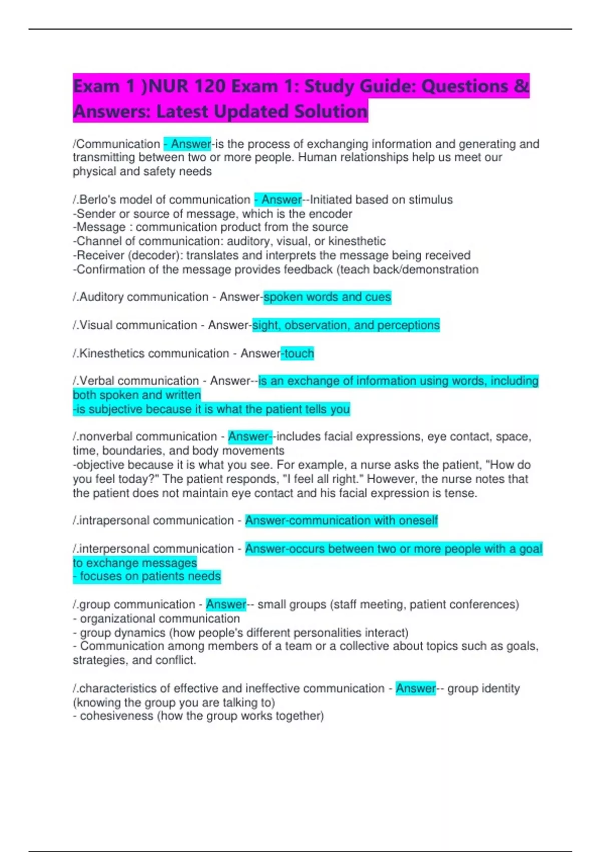 Exam 1 )NUR 120 Exam 1: Study Guide: Questions & Answers: Latest ...