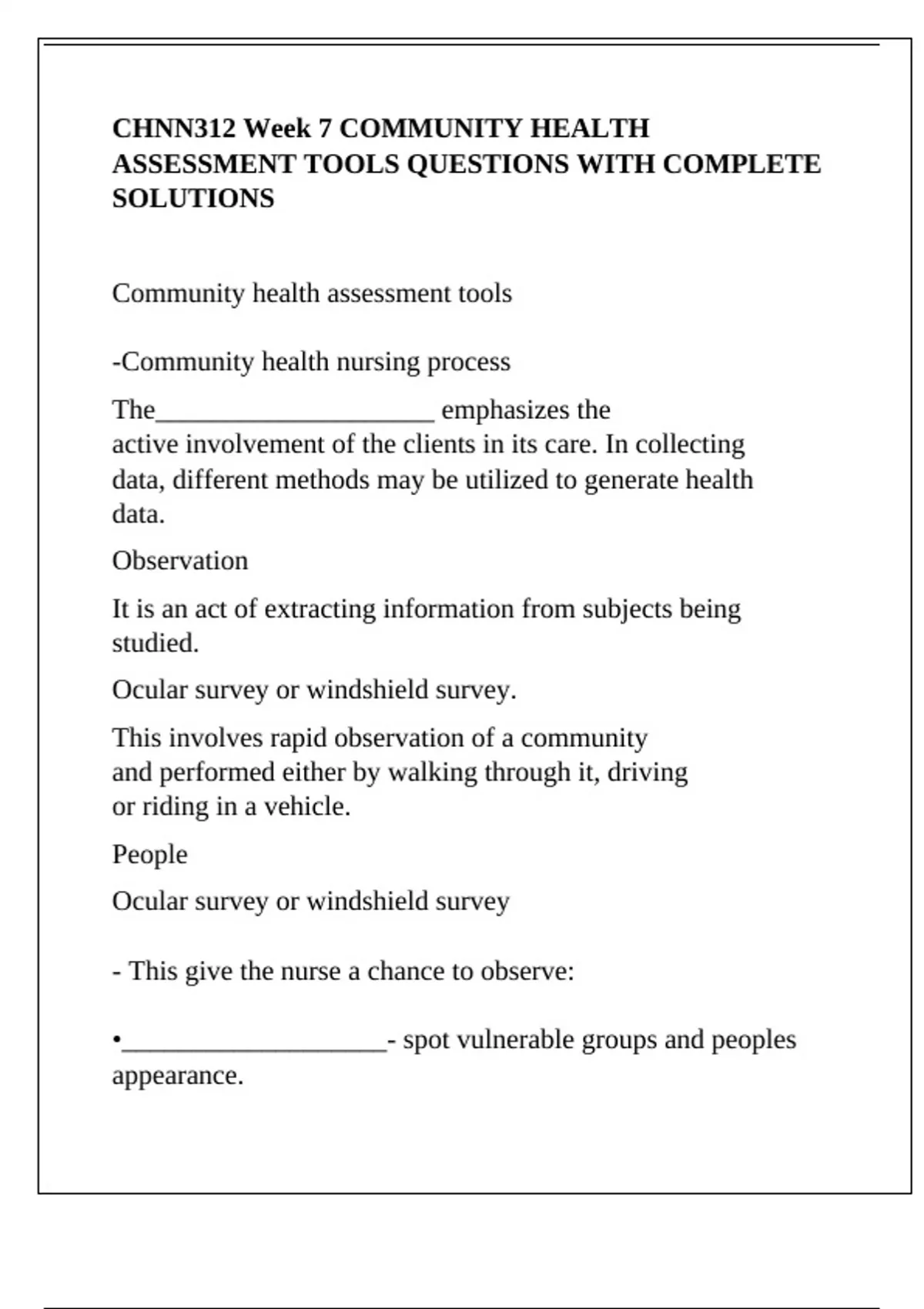CHNN312 Week 7 COMMUNITY HEALTH ASSESSMENT TOOLS QUESTIONS WITH ...
