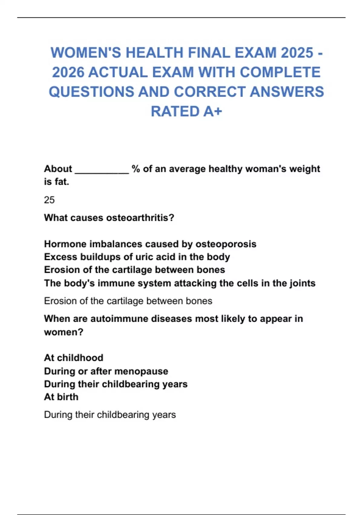 WOMEN'S HEALTH FINAL EXAM ACTUAL EXAM WITH COMPLETE QUESTIONS AND ...