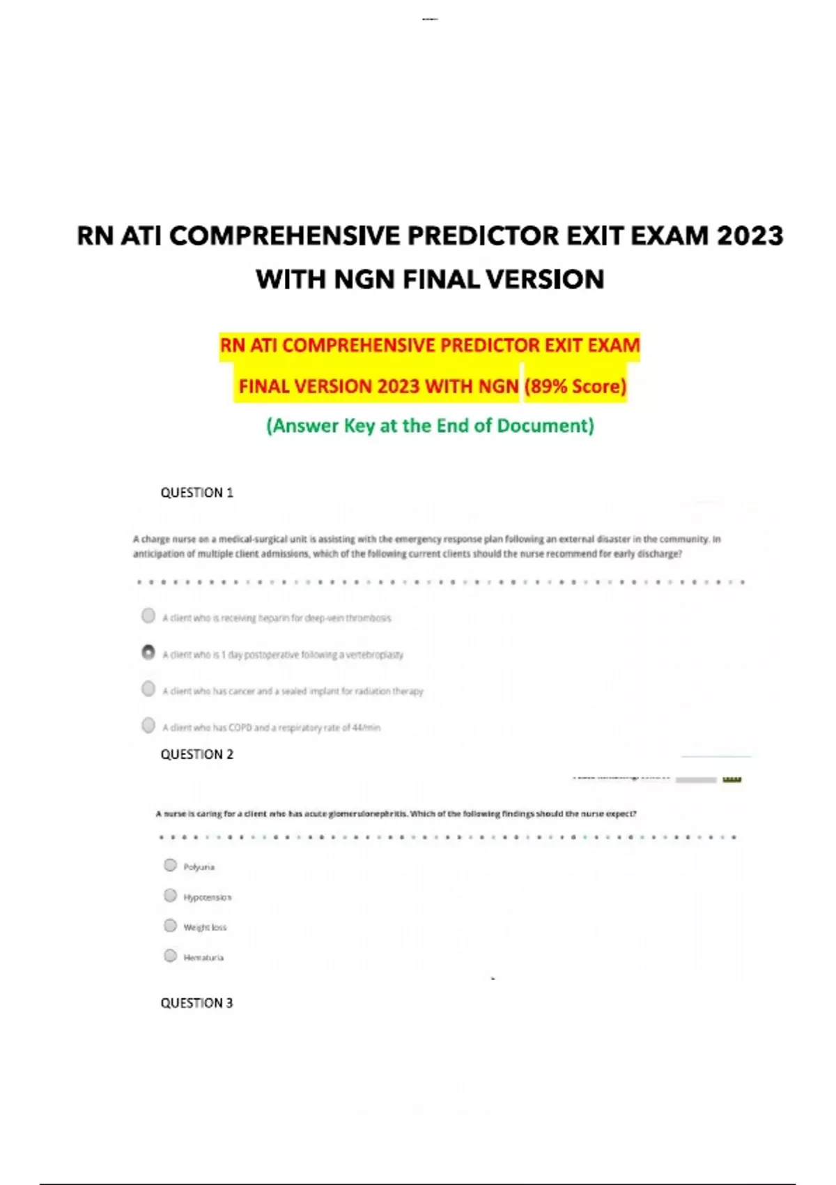 RN ATI COMPREHENSIVE PREDICTOR EXIT EXAM FINAL VERSION 2023 WITH NGN (NEW 2025 / 2026 UPDATE ...