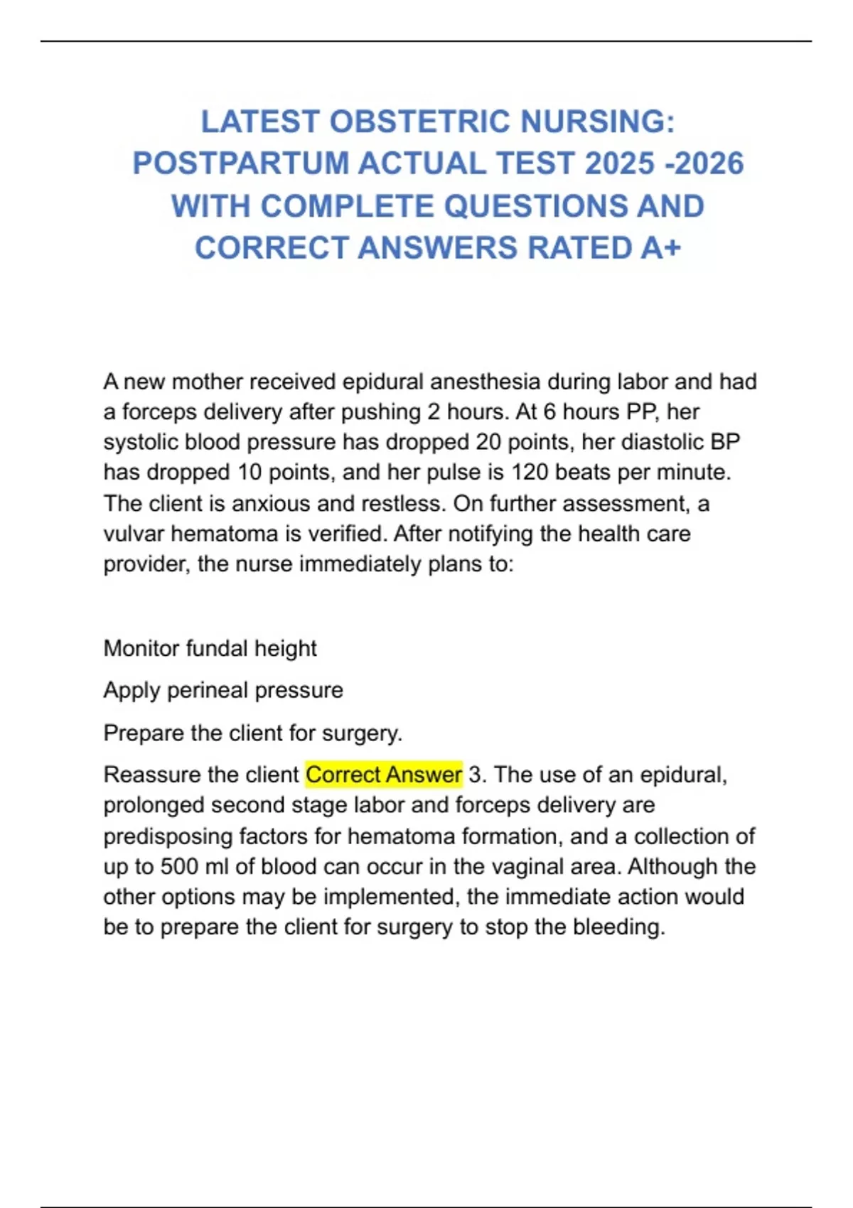 LATEST OBSTETRIC NURSING: POSTPARTUM ACTUAL TEST WITH COMPLETE ...