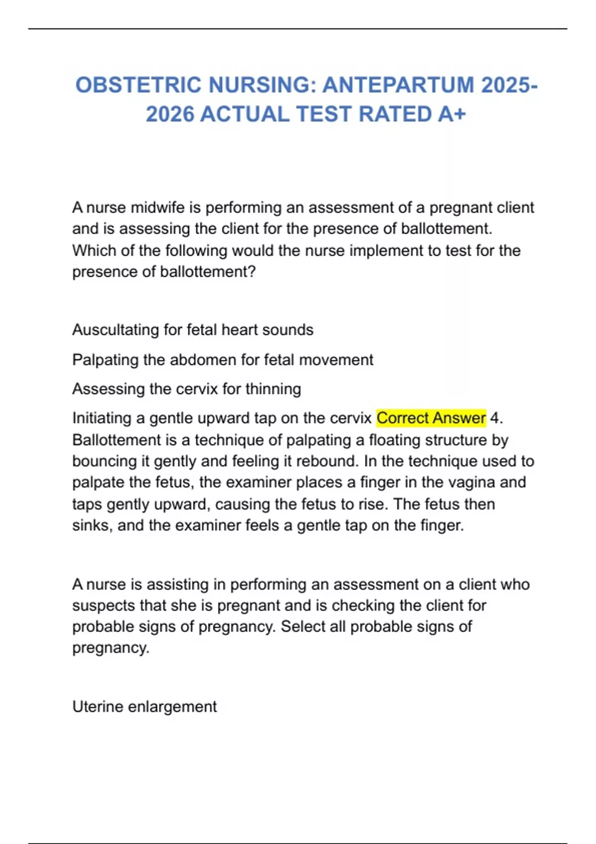 OBSTETRIC NURSING: ANTEPARTUM ACTUAL TEST RATED A+ - OBSTETRIC NURSING ...