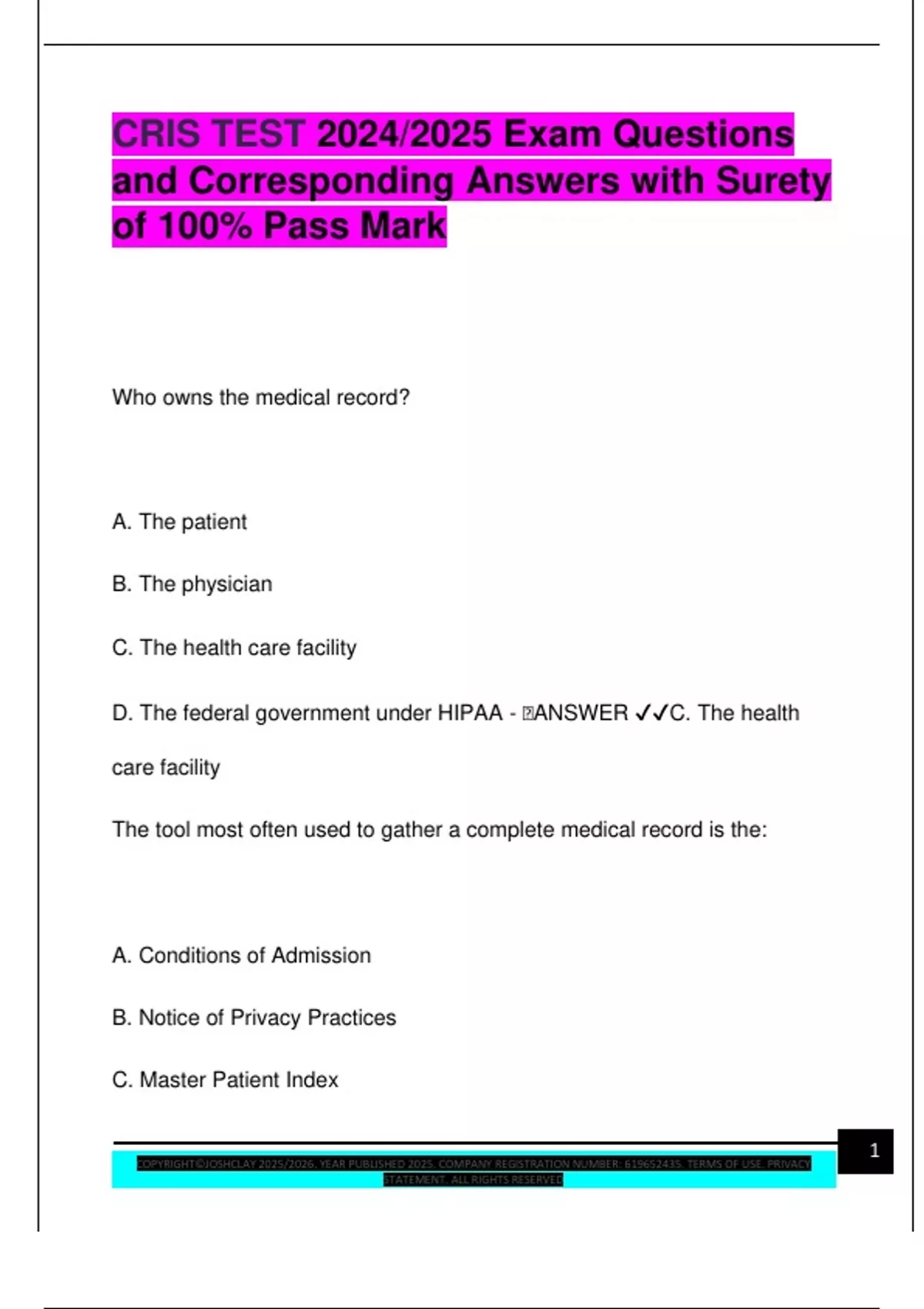 CRIS TEST 2024/2025 Exam Questions and Corresponding Answers with ...