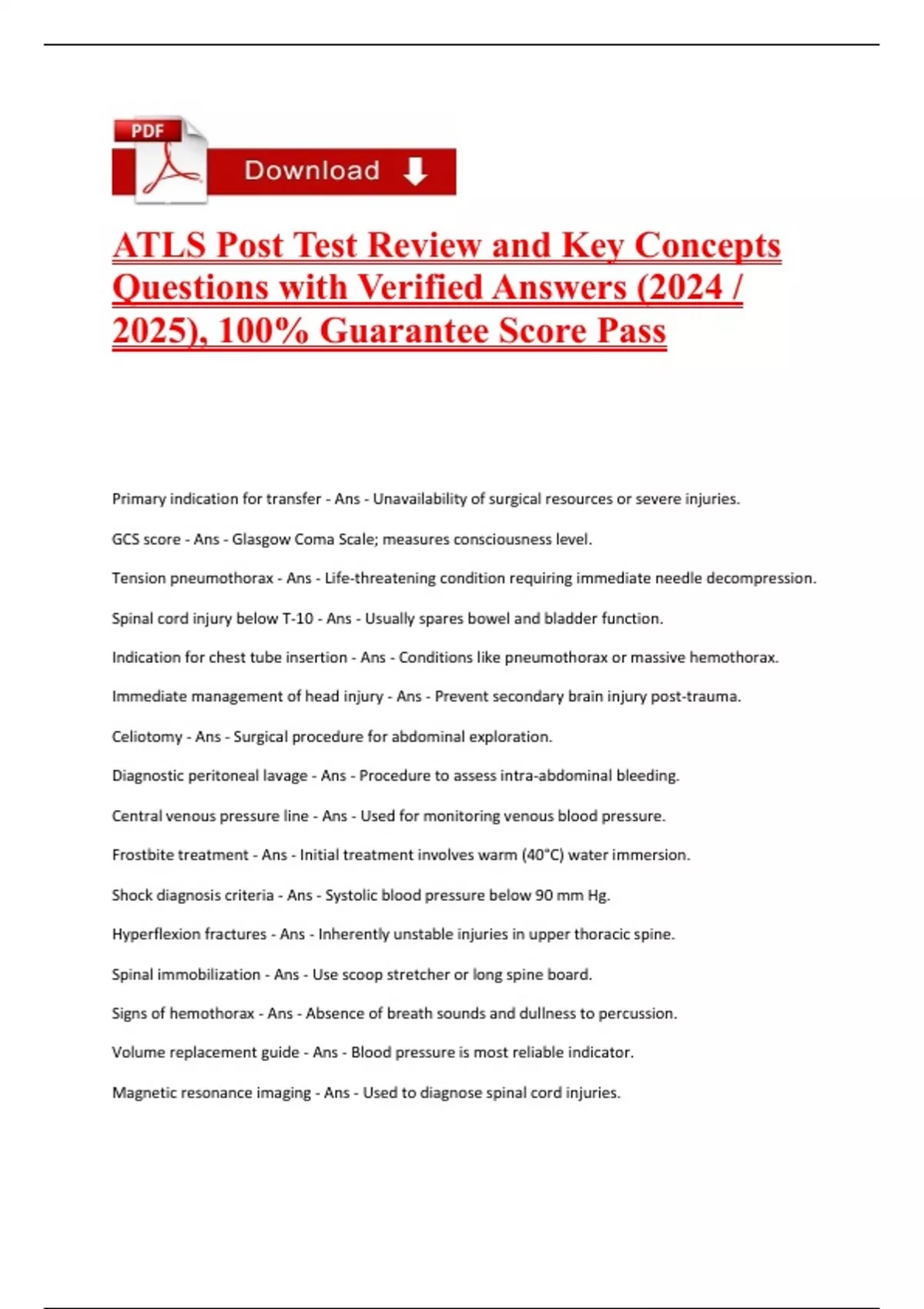 ATLS Post Test Review and Key Concepts Questions with Verified Answers ...