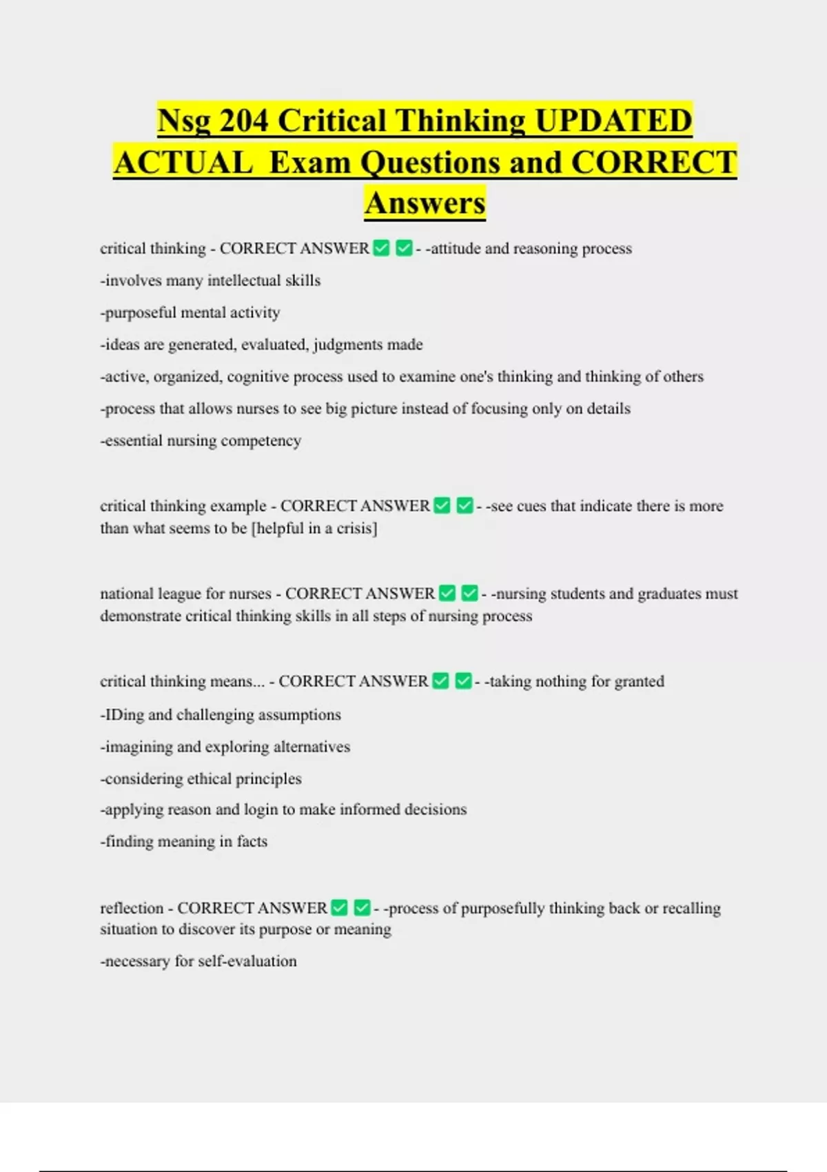 Nsg 204 Critical Thinking UPDATED ACTUAL Exam Questions and CORRECT ...