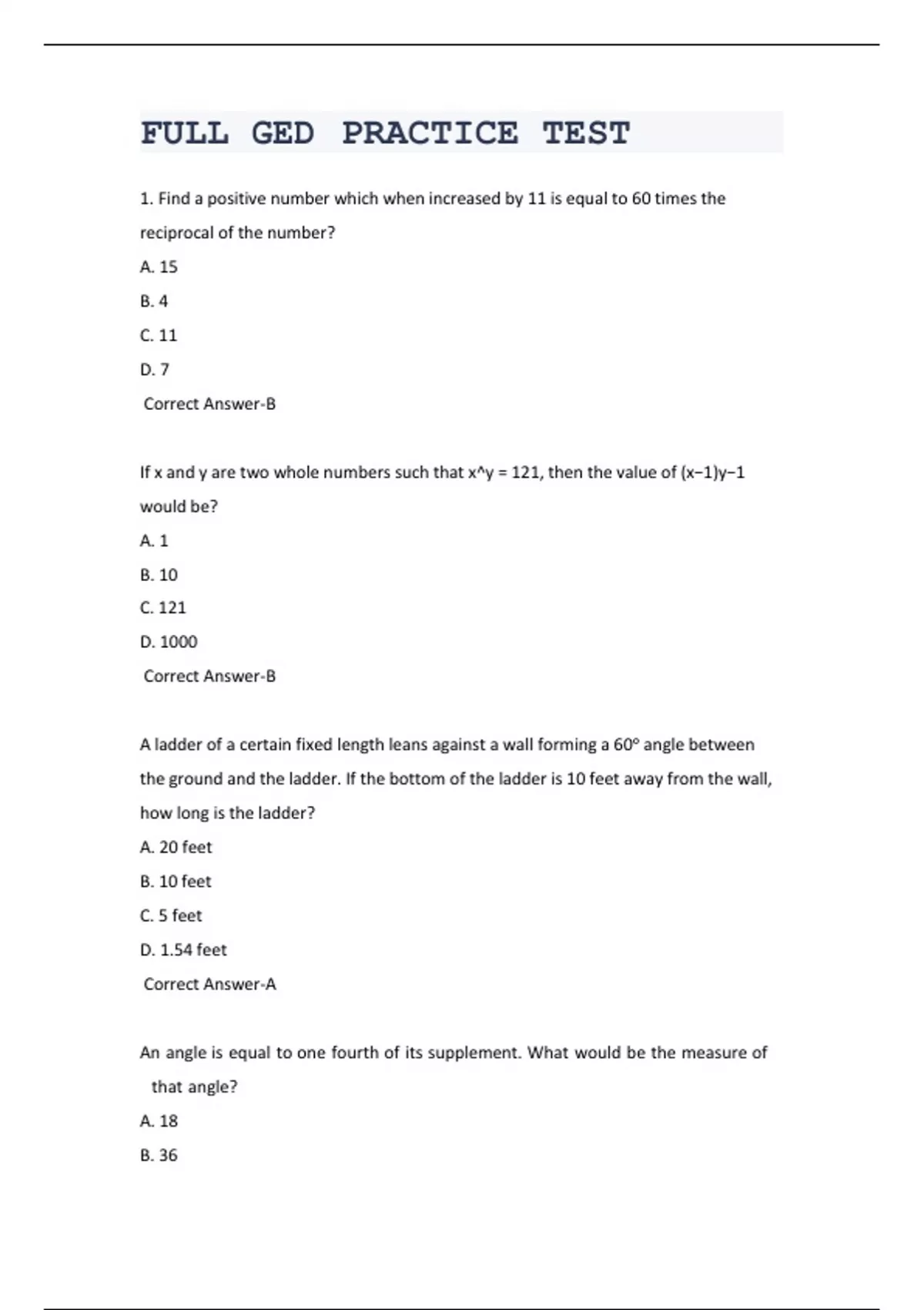 Full GED Practice Test with Questions and Answers – Latest 2025 Update ...