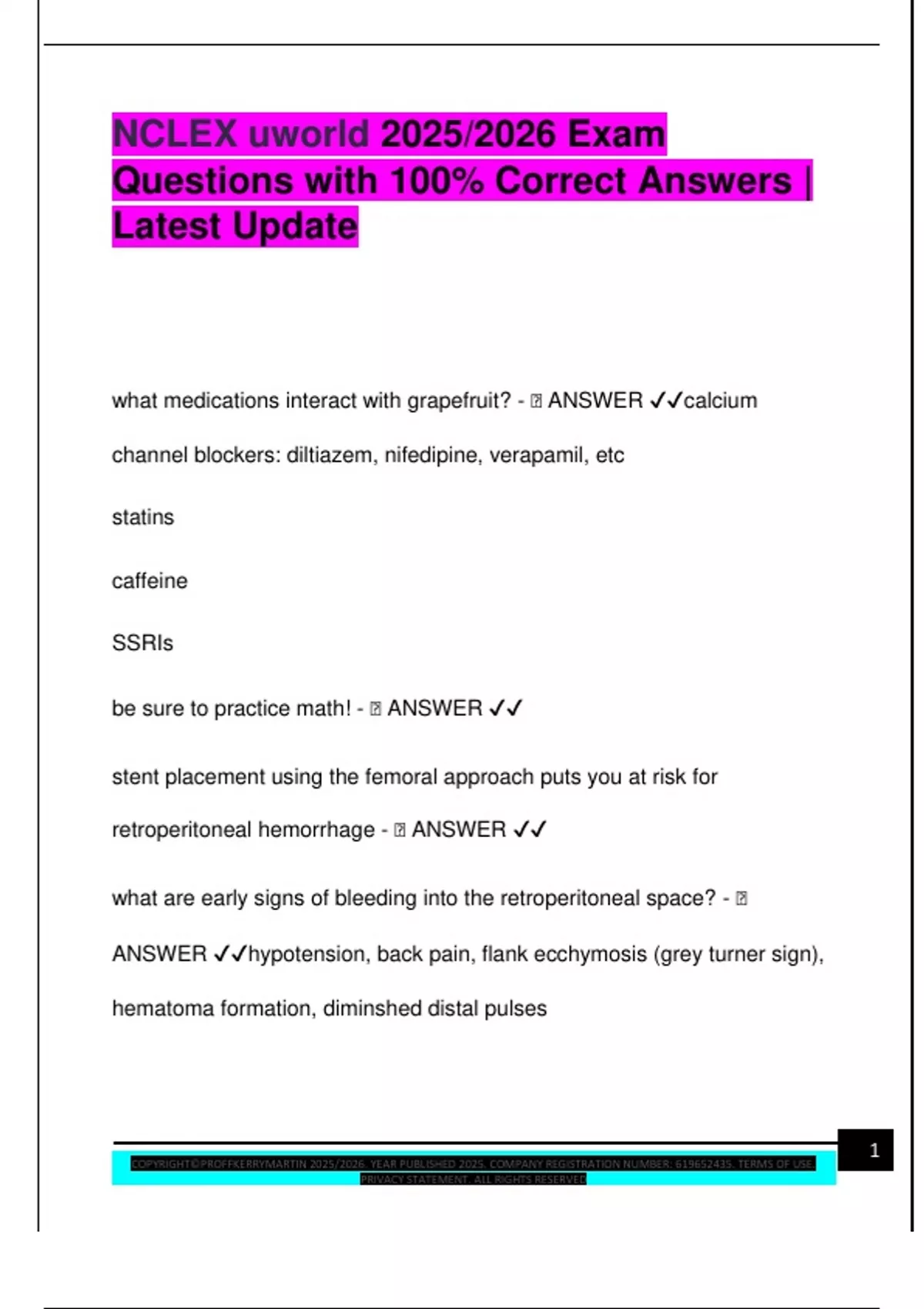 NCLEX uworld 2025/2026 Exam Questions with 100% Correct Answers ...
