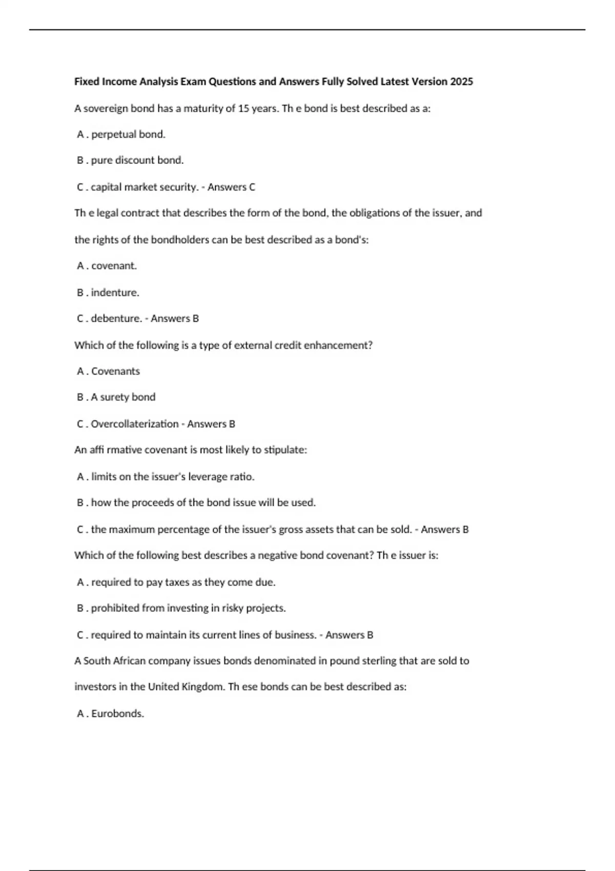 Fixed Income Analysis Exam Questions and Answers Fully Solved Latest ...