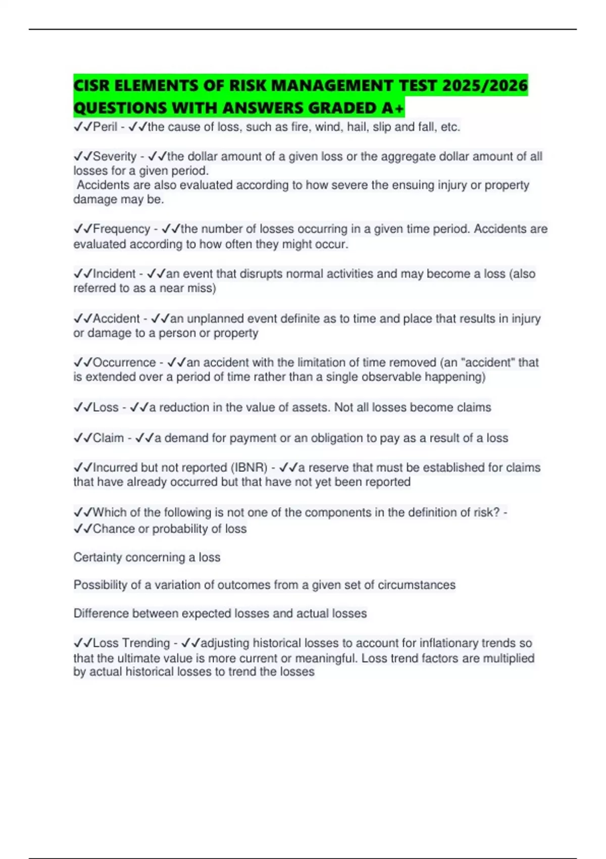 CISR ELEMENTS OF RISK MANAGEMENT TEST 2025/2026 QUESTIONS WITH ANSWERS ...