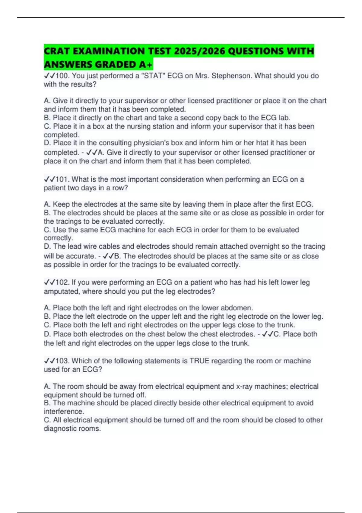 CRAT EXAMINATION TEST 2025/2026 QUESTIONS WITH ANSWERS GRADED A+ - CRAT ...