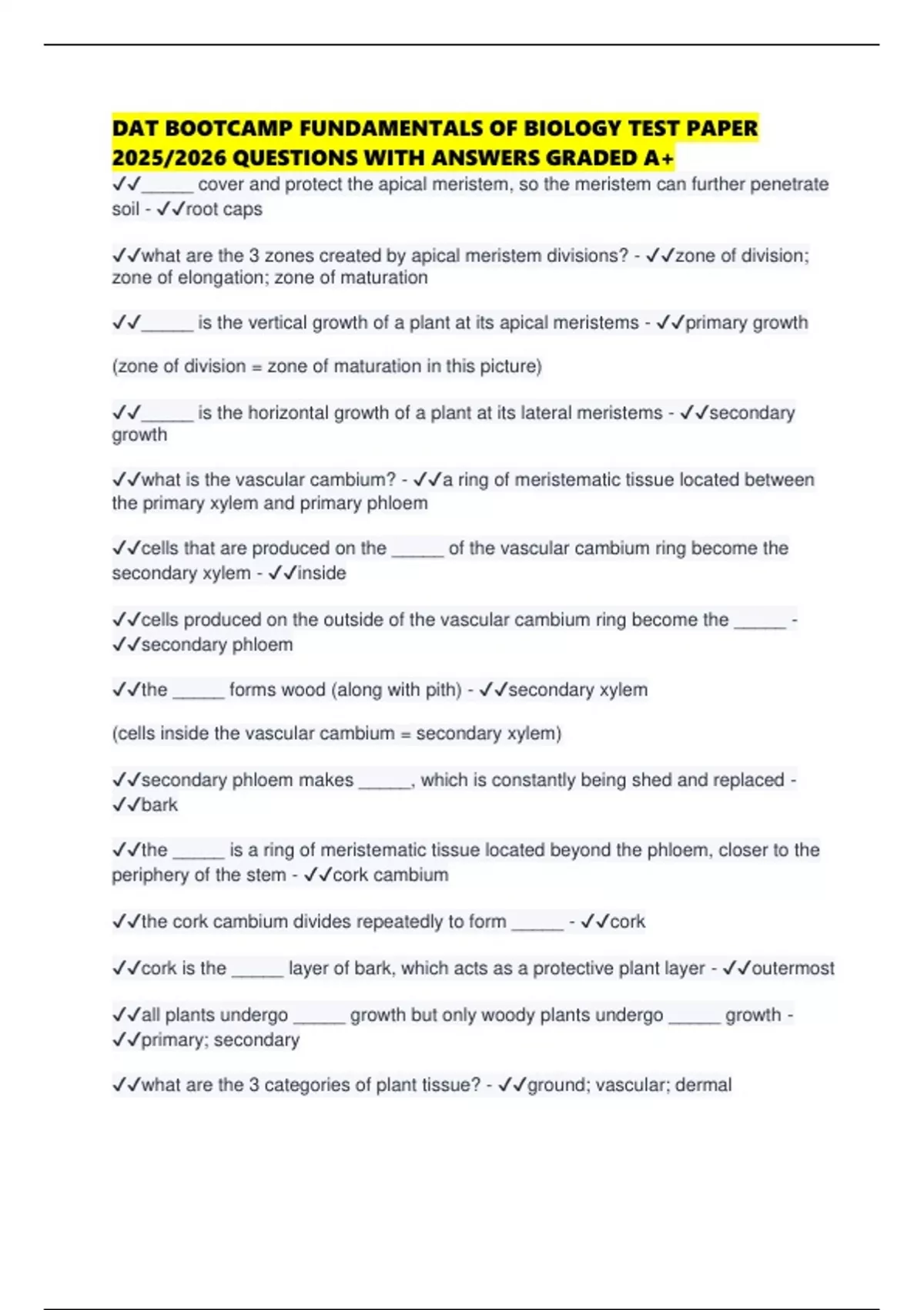 DAT BOOTCAMP FUNDAMENTALS OF BIOLOGY TEST PAPER 2025/2026 QUESTIONS ...