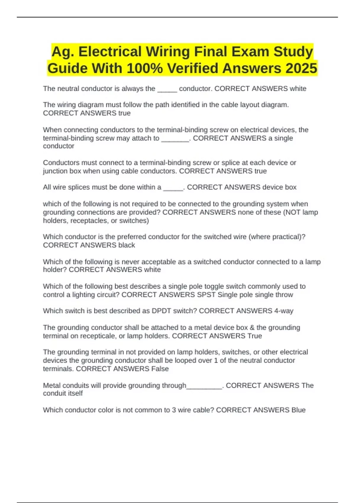 Ag. Electrical Wiring Final Exam Study Guide With 100% Verified Answers ...