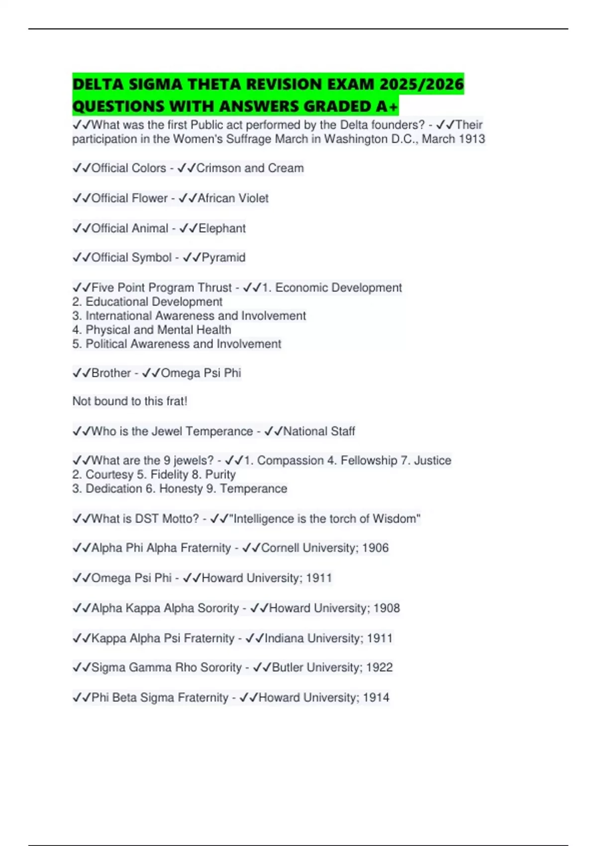 DELTA SIGMA THETA REVISION EXAM 2025/2026 QUESTIONS WITH ANSWERS GRADED ...