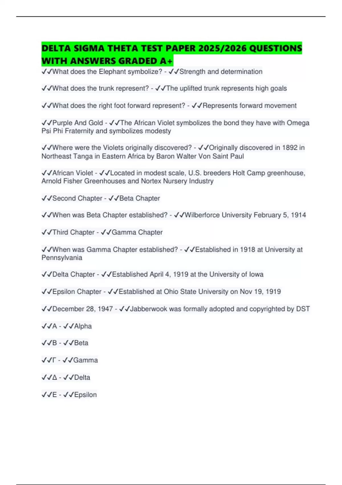 DELTA SIGMA THETA TEST PAPER 2025/2026 QUESTIONS WITH ANSWERS GRADED A+ ...