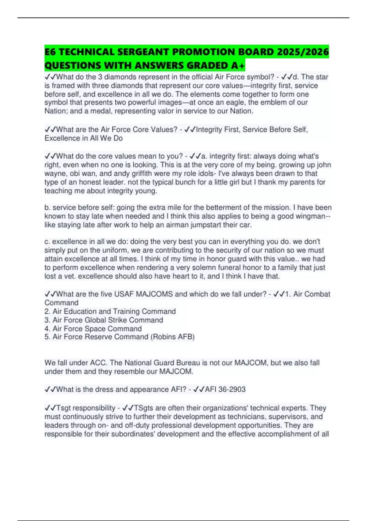 E6 TECHNICAL SERGEANT PROMOTION BOARD 2025/2026 QUESTIONS WITH ANSWERS ...