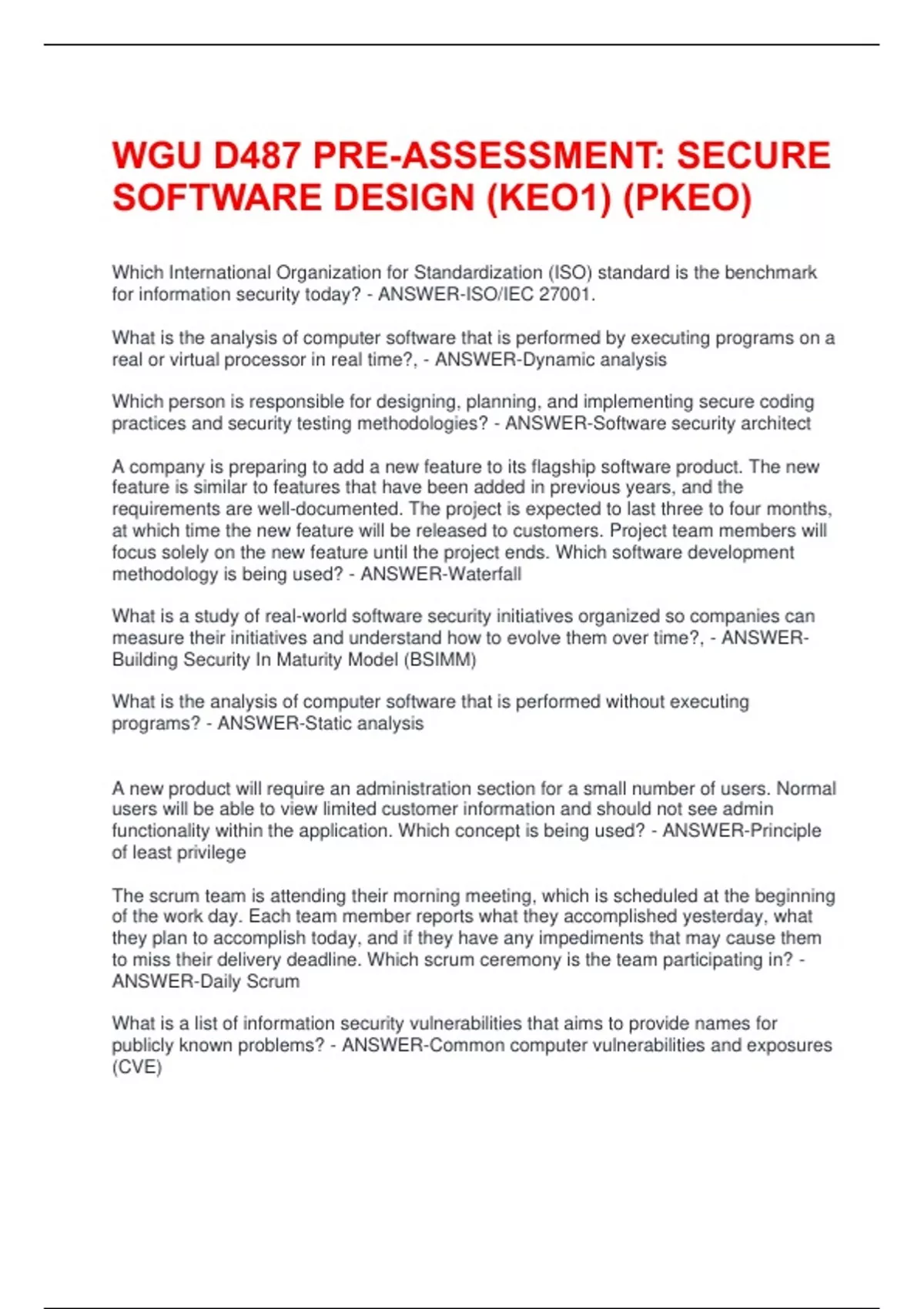 WGU D487 PRE-ASSESSMENT: SECURE SOFTWARE DESIGN (KEO1) (PKEO)2025 ...