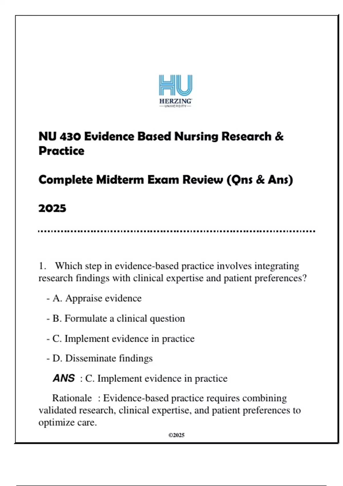 NU 430 (EBP & Nsg Rsch) Complete Midterm Exam Review (Qns & Ans) 2025 - NURSING - Stuvia US