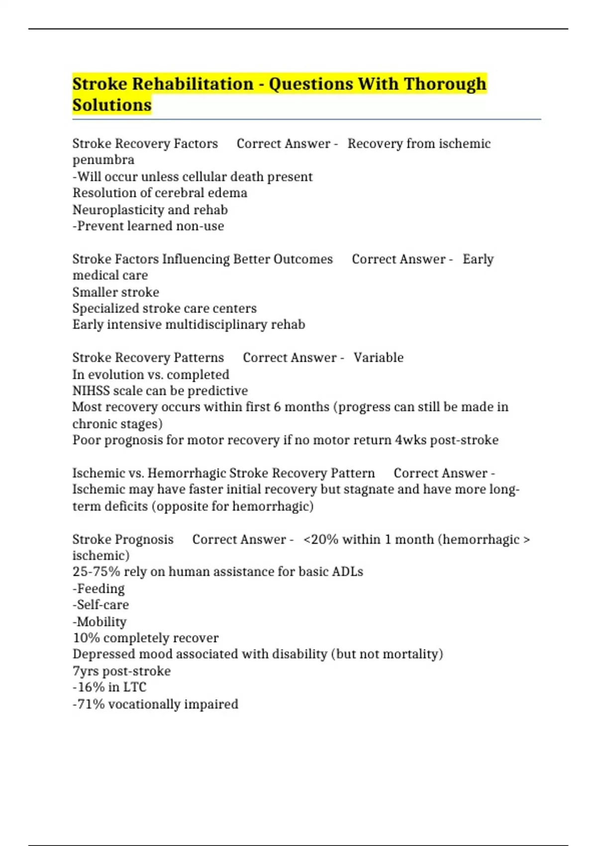 Stroke Rehabilitation - Questions With Thorough Solutions - Stroke ...