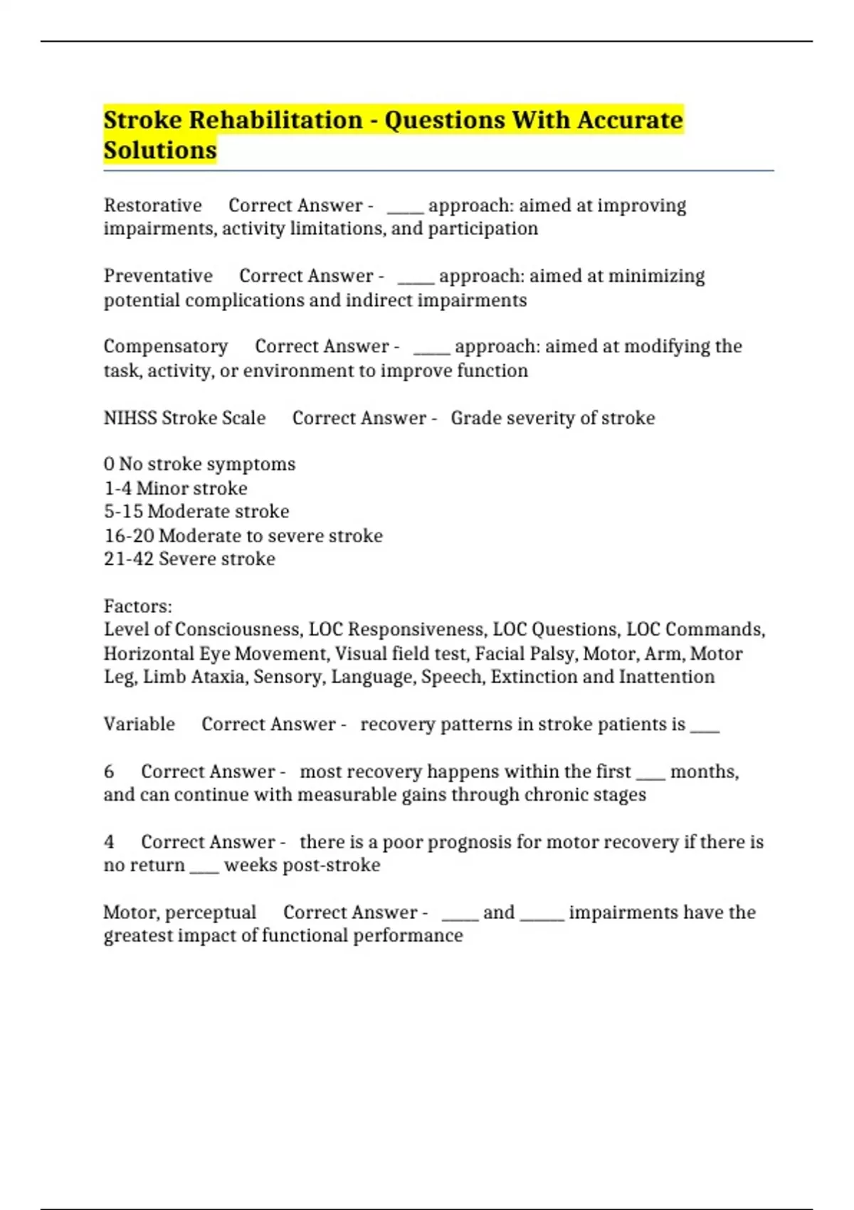 Stroke Rehabilitation - Questions With Accurate Solutions - Stroke ...