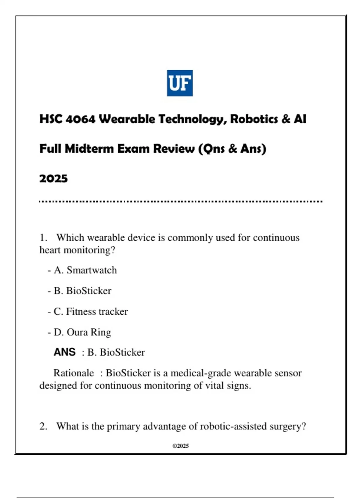 HSC 4064 Wearable Tech,Robotics & AI (UF) Full Midterm Exam Review 2025 ...