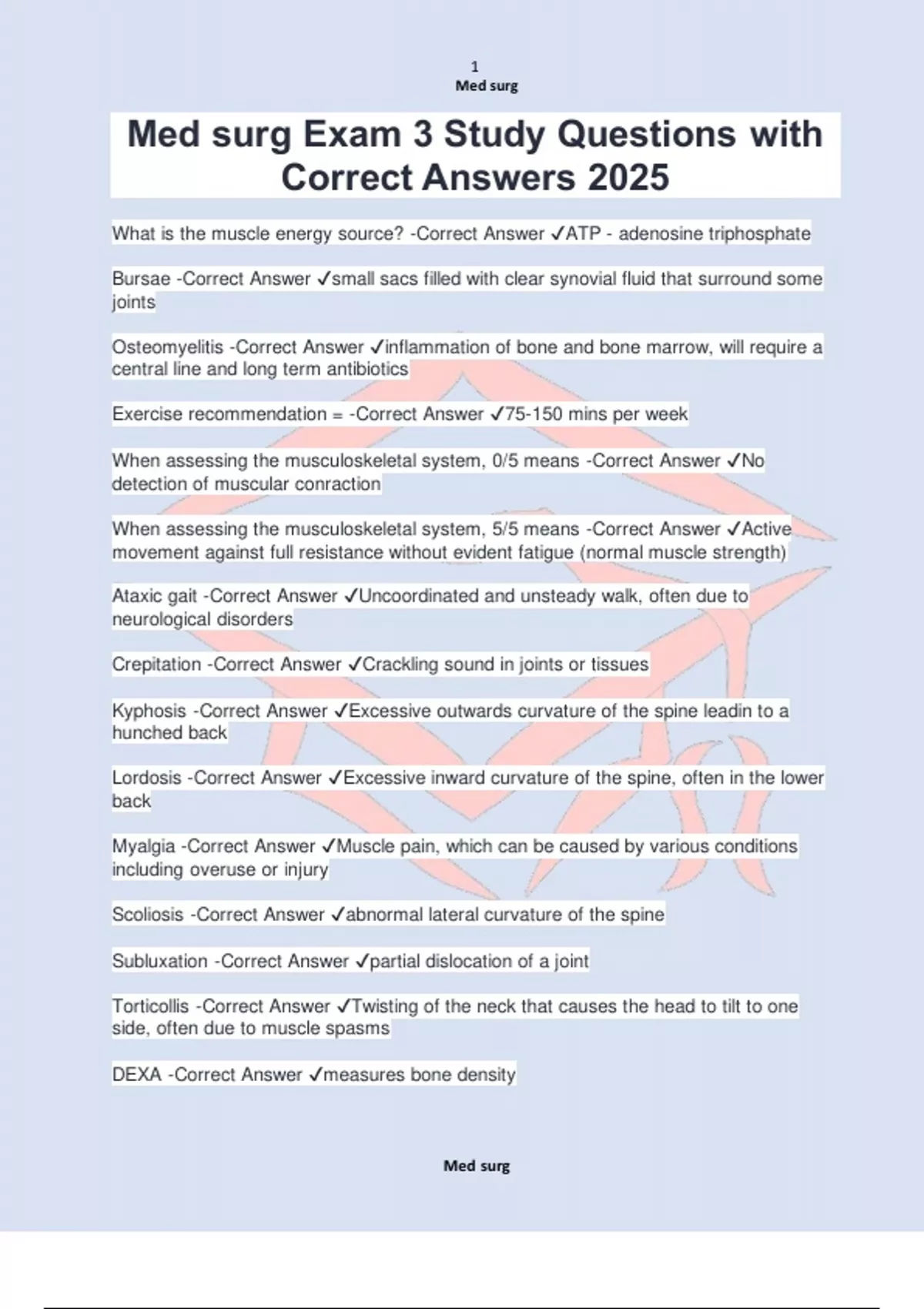 Med surg Exam 3 Study Questions with Correct Answers 2025 - Med surg ...