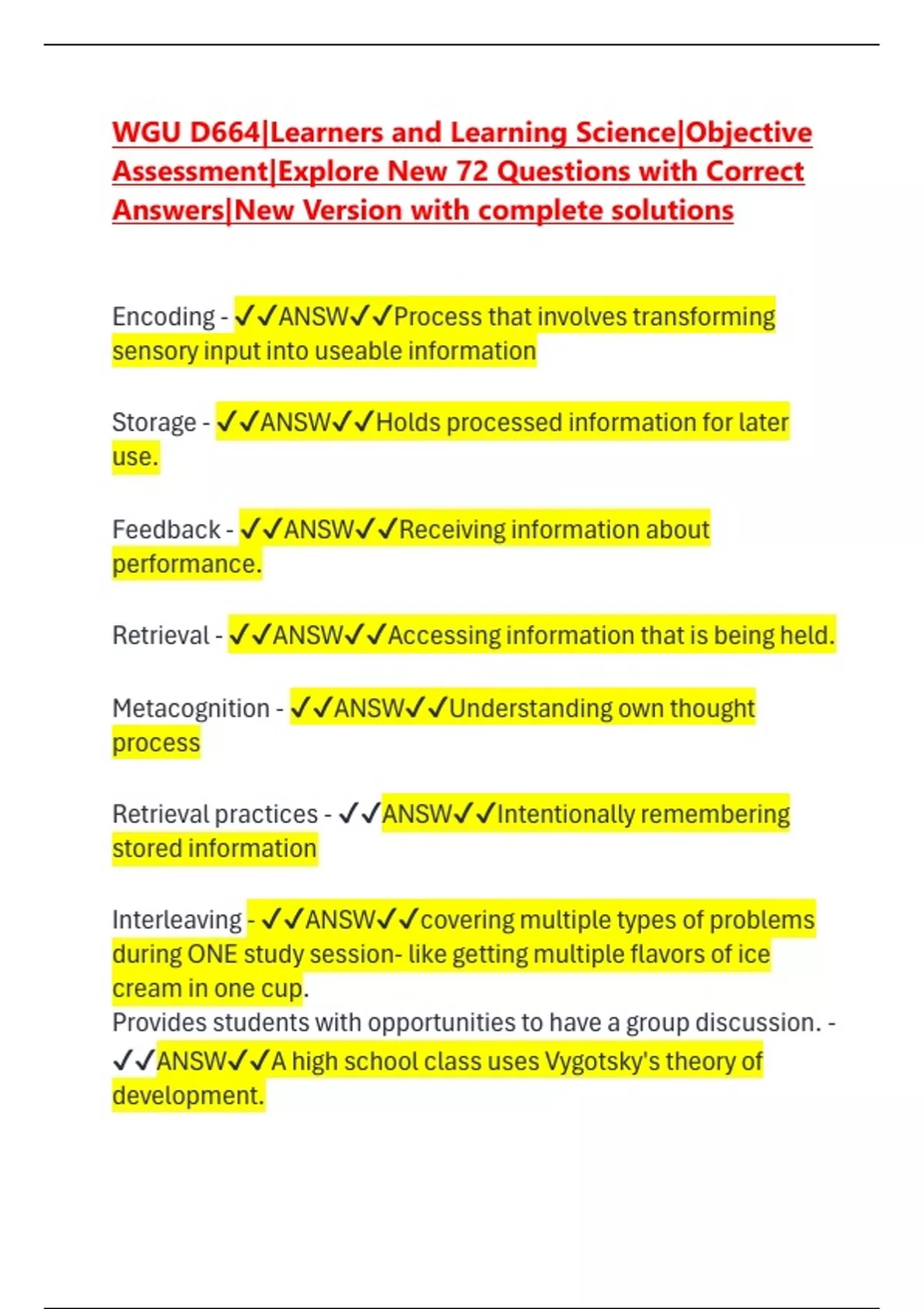 WGU D664|Learners and Learning Science|Objective Assessment|Explore New 72 Questions with ...