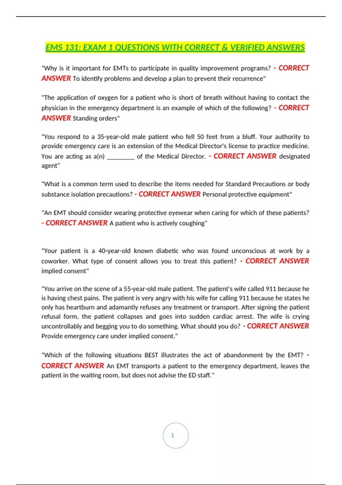 EMS 131: EXAM 1 QUESTIONS WITH CORRECT & VERIFIED ANSWERS - EMS 131 ...