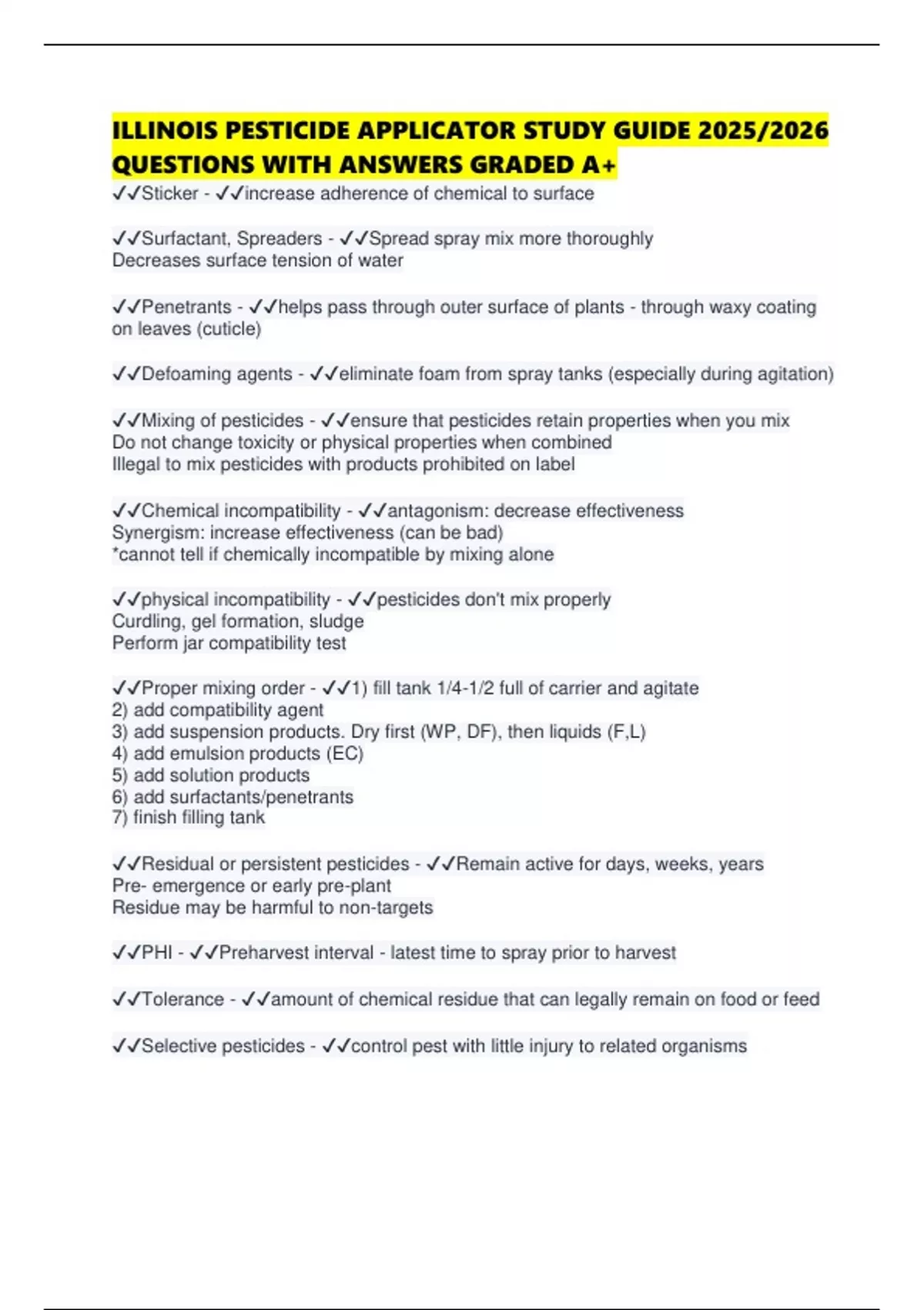 ILLINOIS PESTICIDE APPLICATOR STUDY GUIDE 2025/2026 QUESTIONS WITH ...
