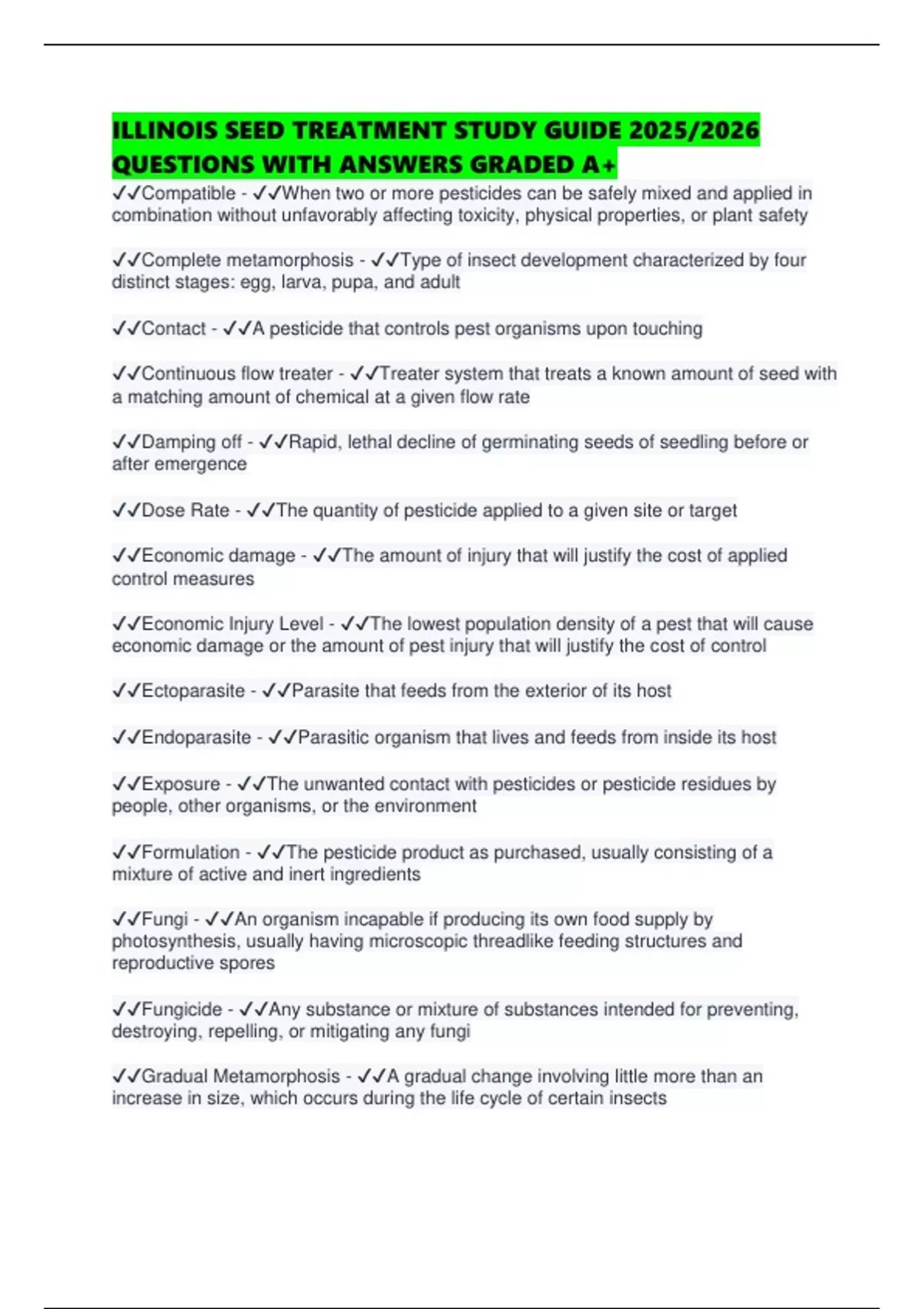 ILLINOIS SEED TREATMENT STUDY GUIDE 2025/2026 QUESTIONS WITH ANSWERS ...