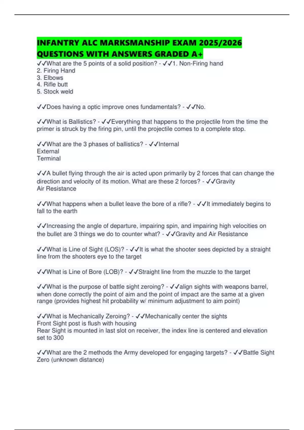 INFANTRY ALC MARKSMANSHIP EXAM 2025/2026 QUESTIONS WITH ANSWERS GRADED ...