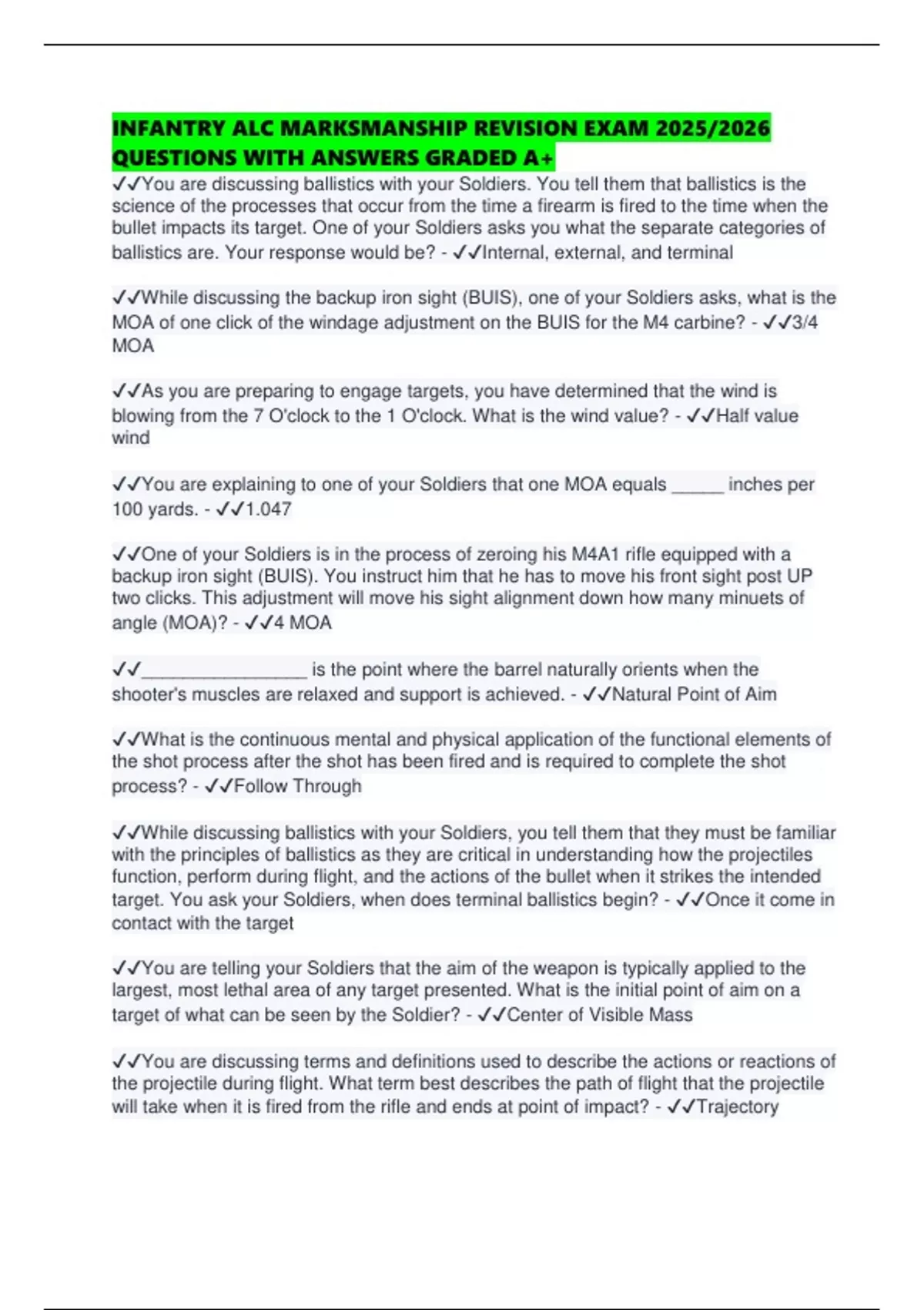 INFANTRY ALC MARKSMANSHIP REVISION EXAM 2025/2026 QUESTIONS WITH ...