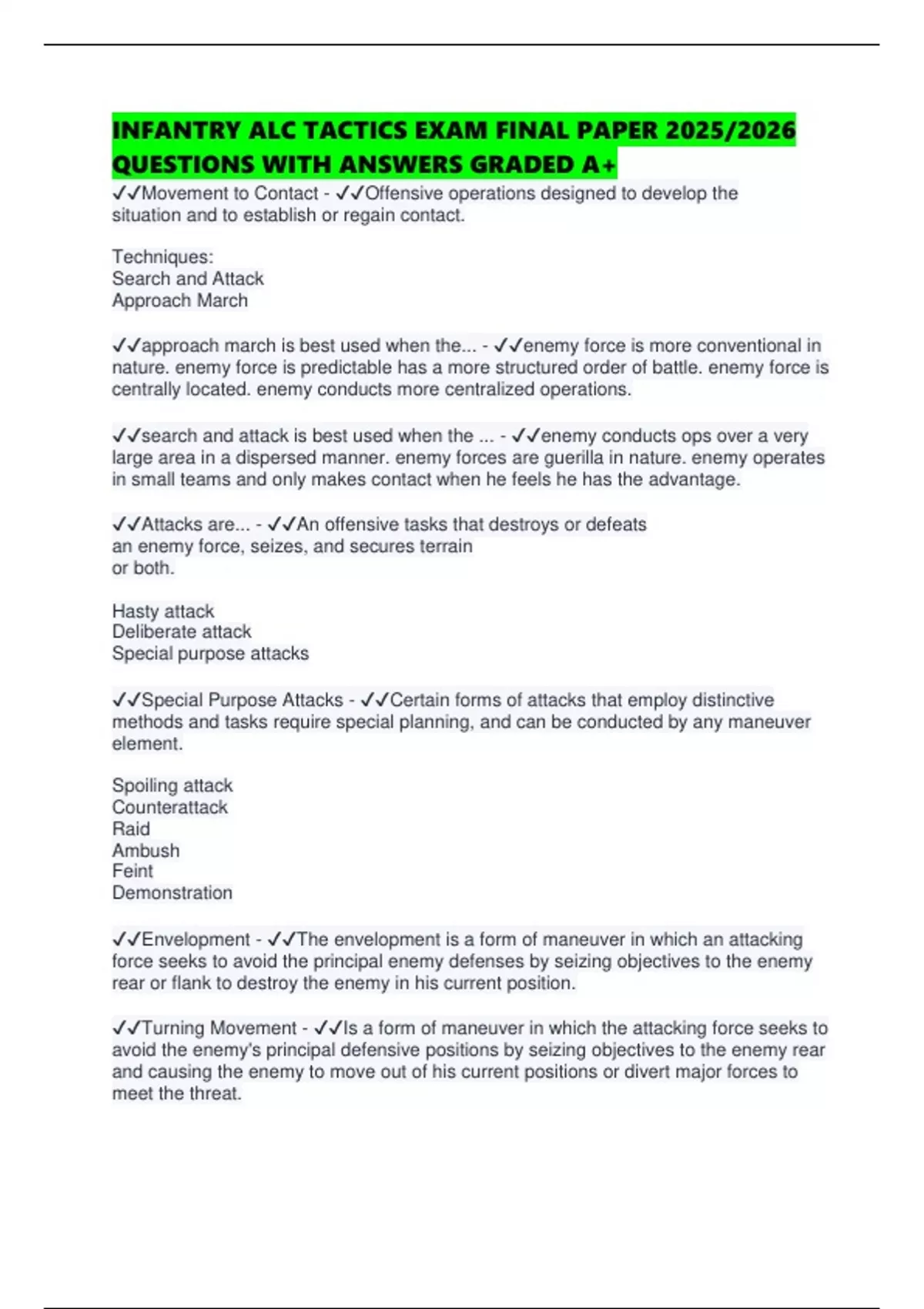 INFANTRY ALC TACTICS EXAM FINAL PAPER 2025/2026 QUESTIONS WITH ANSWERS ...