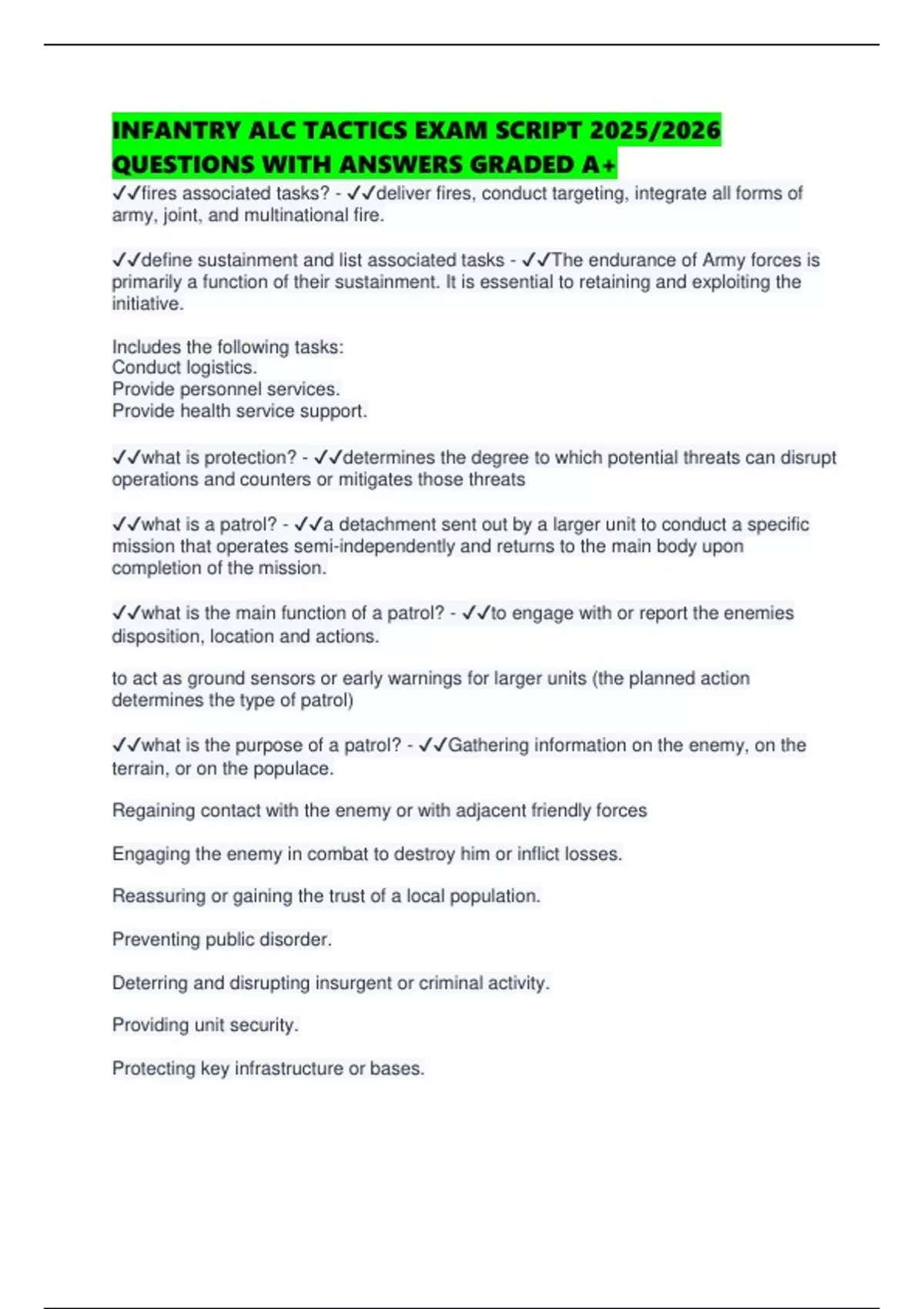 INFANTRY ALC TACTICS EXAM SCRIPT 2025/2026 QUESTIONS WITH ANSWERS ...