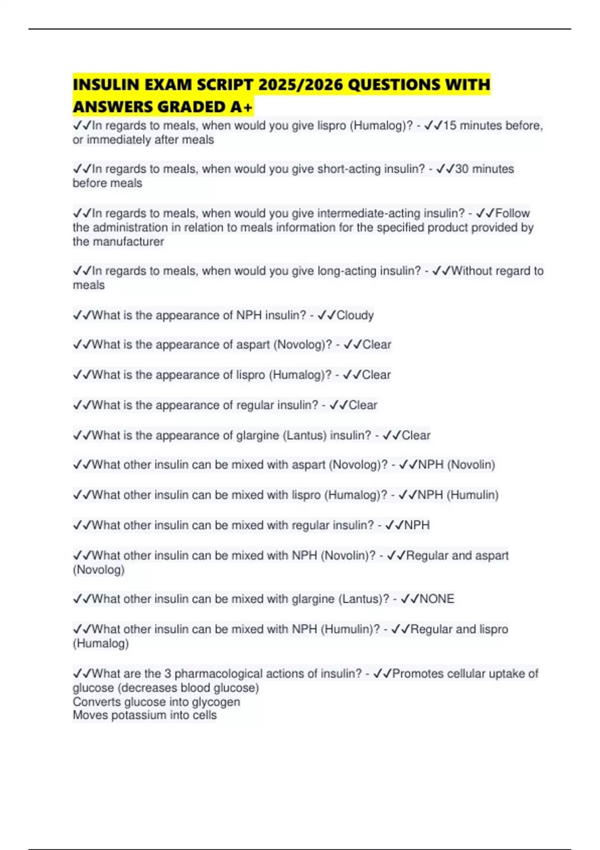 INSULIN EXAM SCRIPT 2025/2026 QUESTIONS WITH ANSWERS GRADED A+ ...