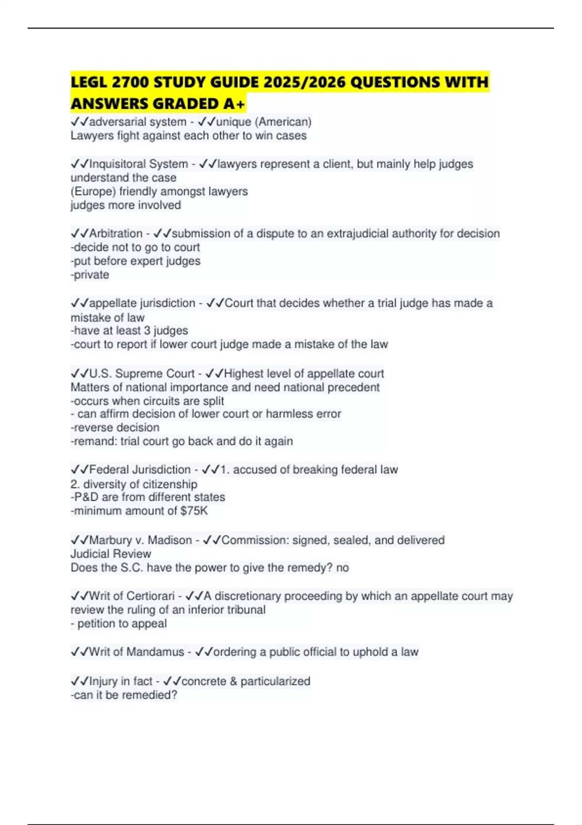 LEGL 2700 STUDY GUIDE 2025/2026 QUESTIONS WITH ANSWERS GRADED A+ - LEGL 2700 - Stuvia US