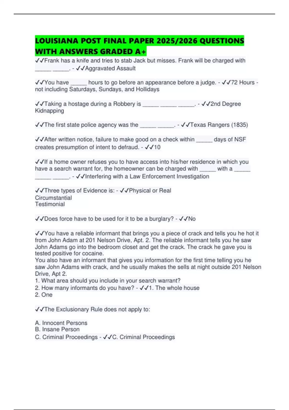 LOUISIANA POST FINAL PAPER 2025/2026 QUESTIONS WITH ANSWERS GRADED A+ ...