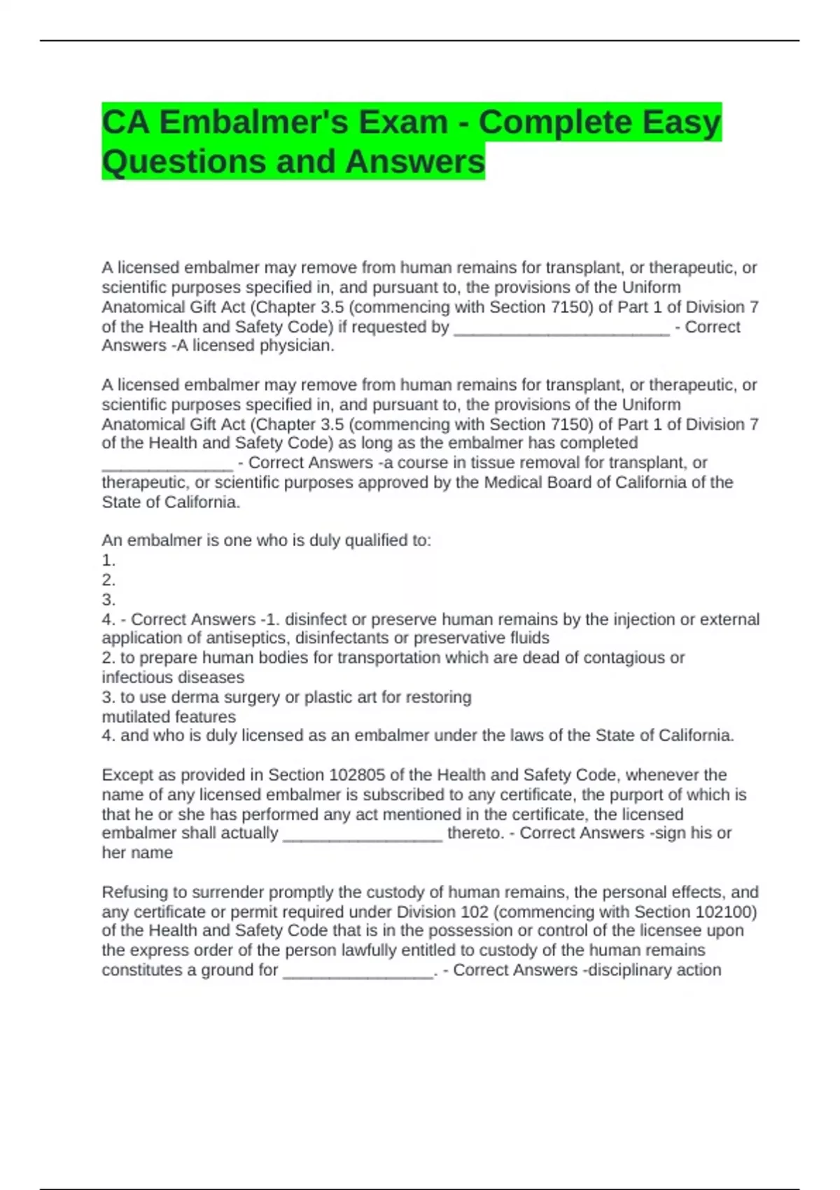 CA Embalmer-s Exam - Complete Easy Questions and Answers (Graded A ...