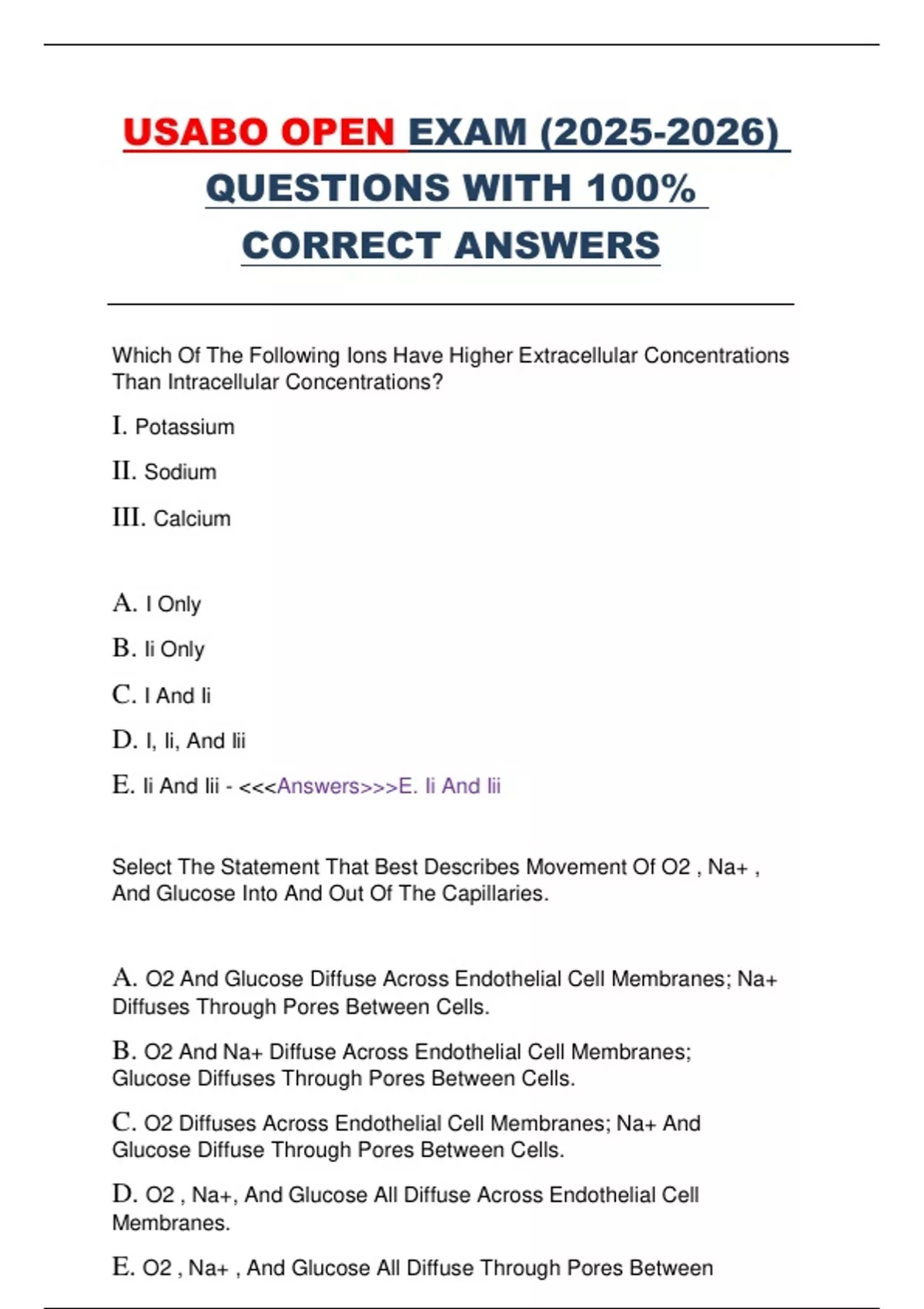 USABO OPEN EXAM () QUESTIONS WITH 100% CORRECT ANSWERS - USABO OPEN ...