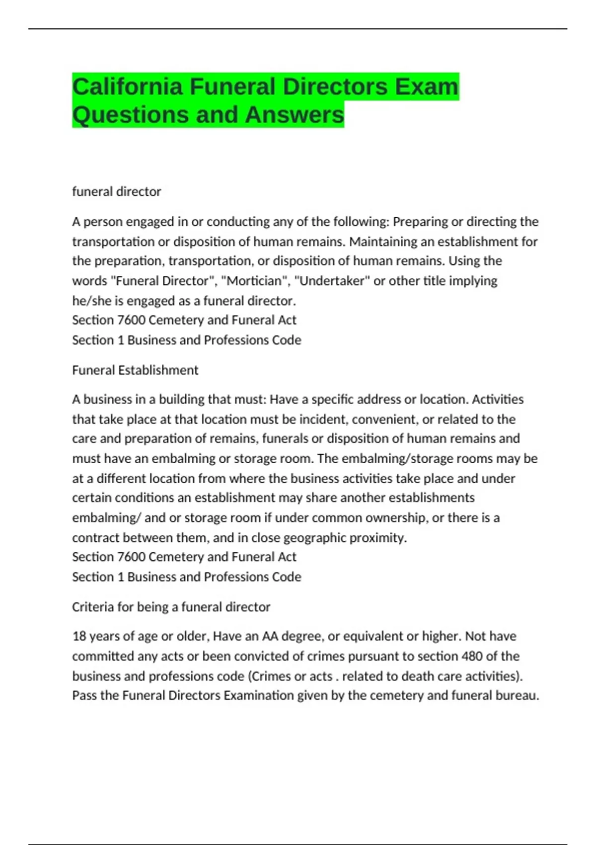 California Funeral Directors Exam Questions and Answers | Verified ...