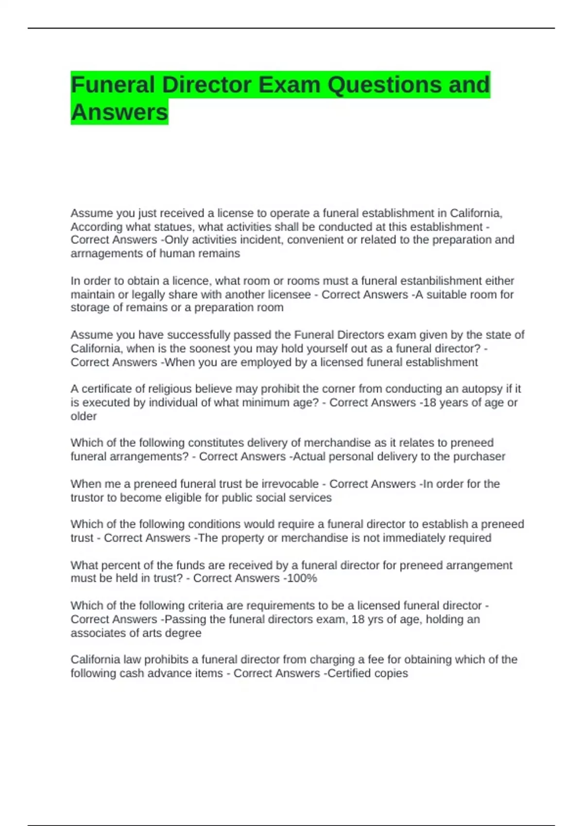 Funeral Director Exam Questions and Answers 2025 - California Funeral ...