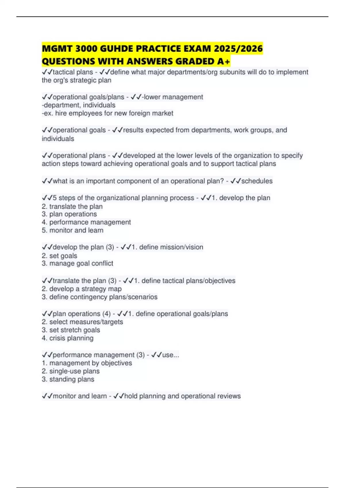 MGMT 3000 GUHDE PRACTICE EXAM 2025/2026 QUESTIONS WITH ANSWERS GRADED ...