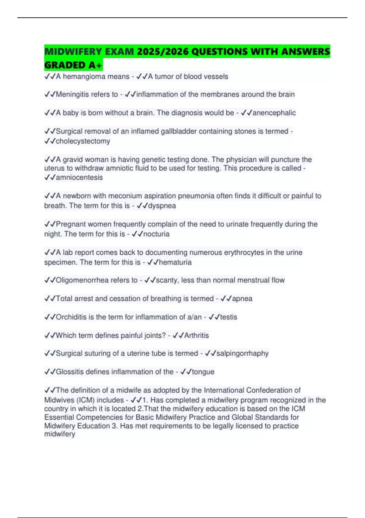 MIDWIFERY EXAM 2025/2026 QUESTIONS WITH ANSWERS GRADED A+ - MIDWIFERY ...