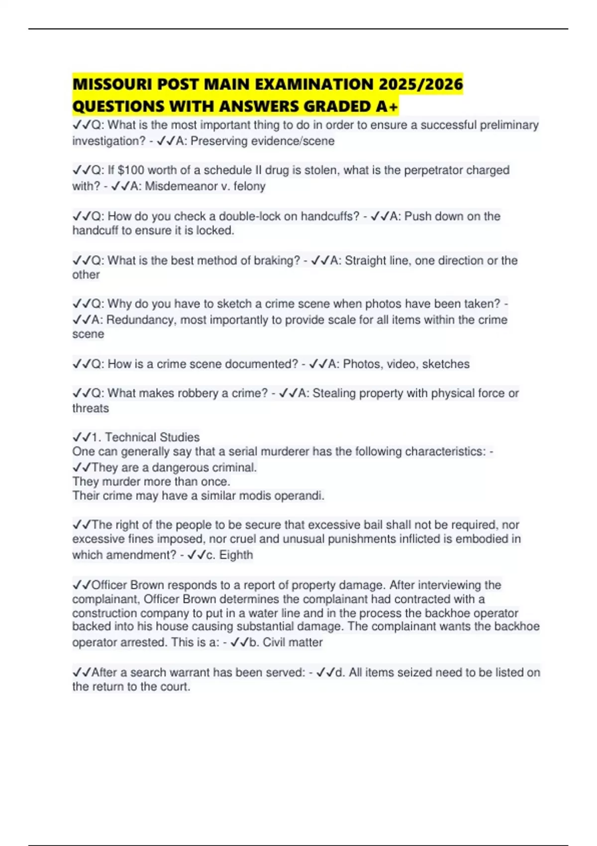 MISSOURI POST MAIN EXAMINATION 2025/2026 QUESTIONS WITH ANSWERS GRADED ...