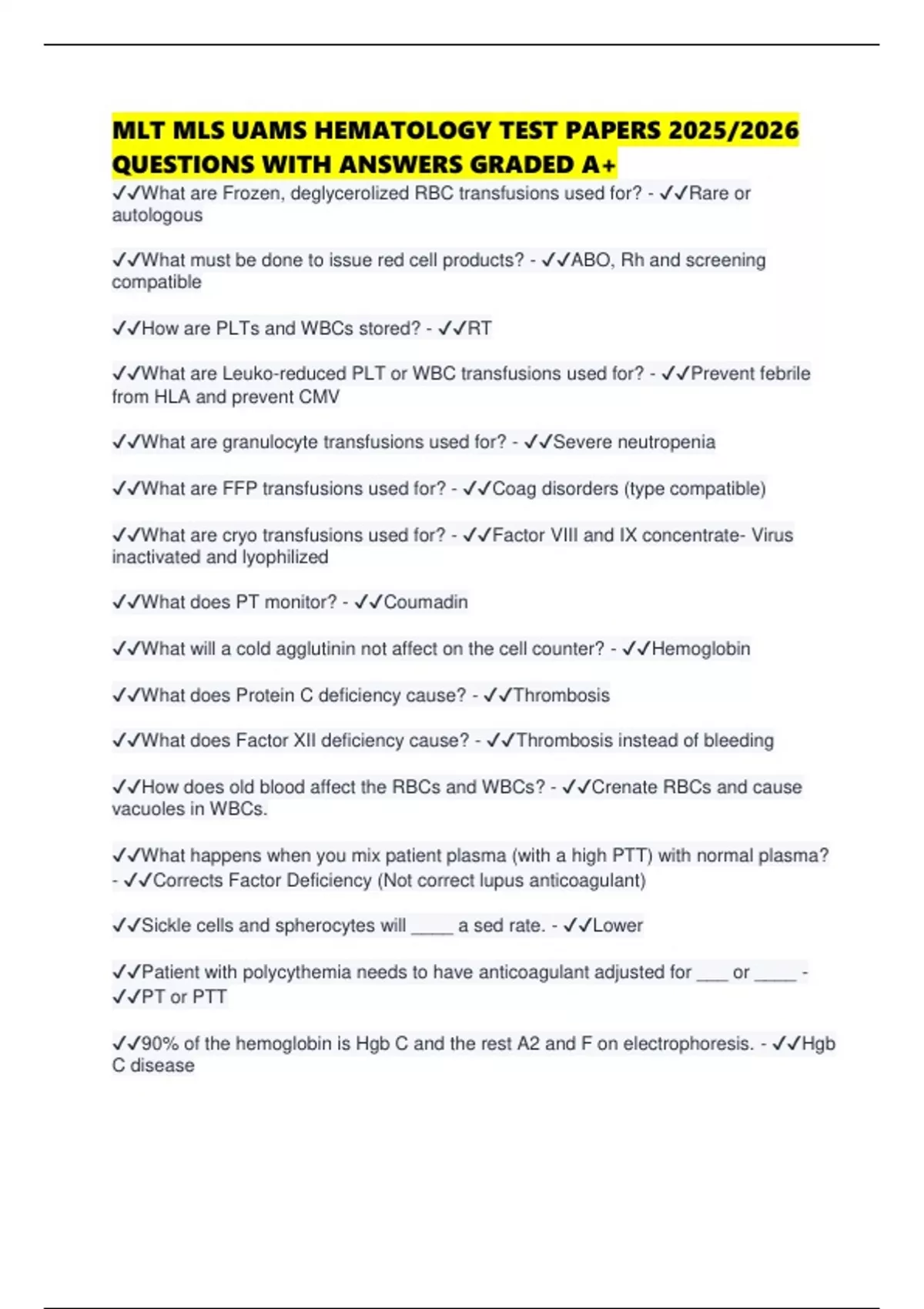MLT MLS UAMS HEMATOLOGY TEST PAPERS 2025/2026 QUESTIONS WITH ANSWERS ...