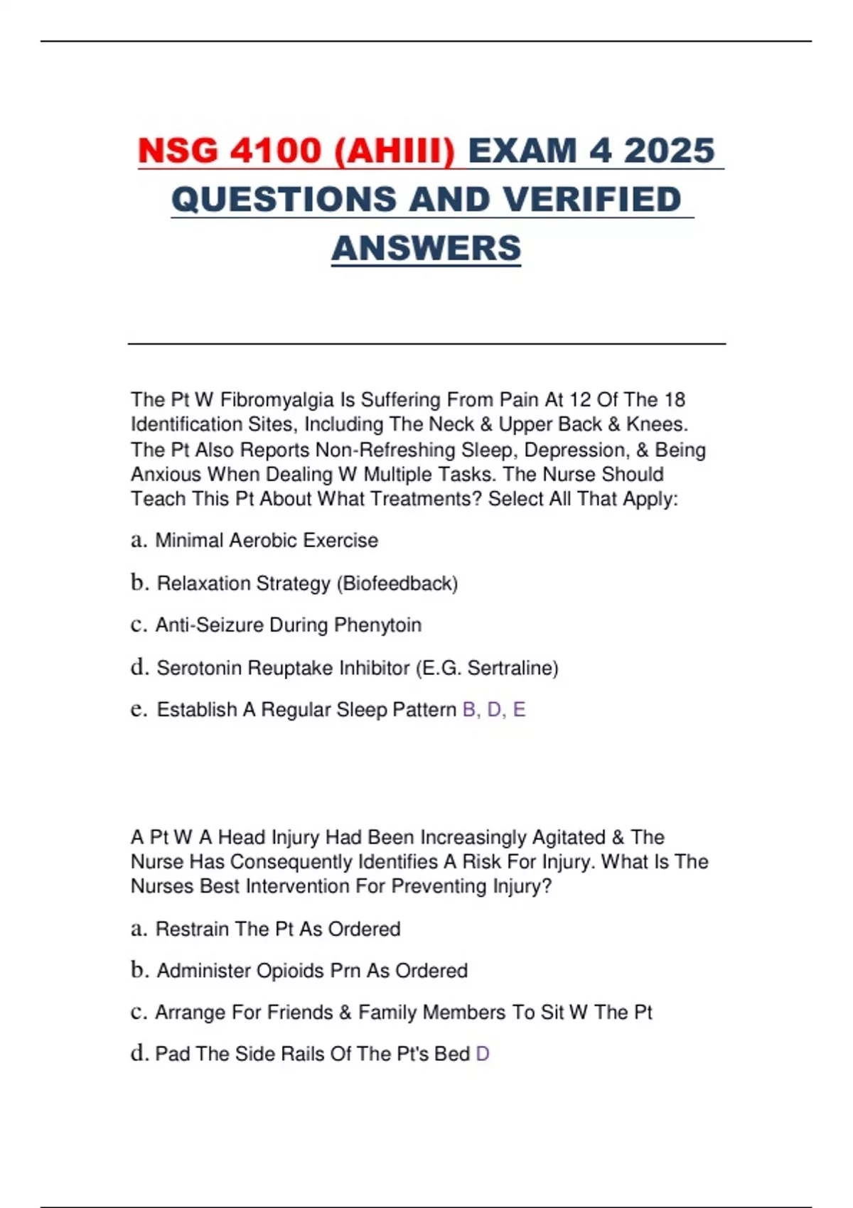 NSG 4100 (AHIII) EXAM 4 2025 QUESTIONS AND VERIFIED ANSWERS - NSG 4100 ...